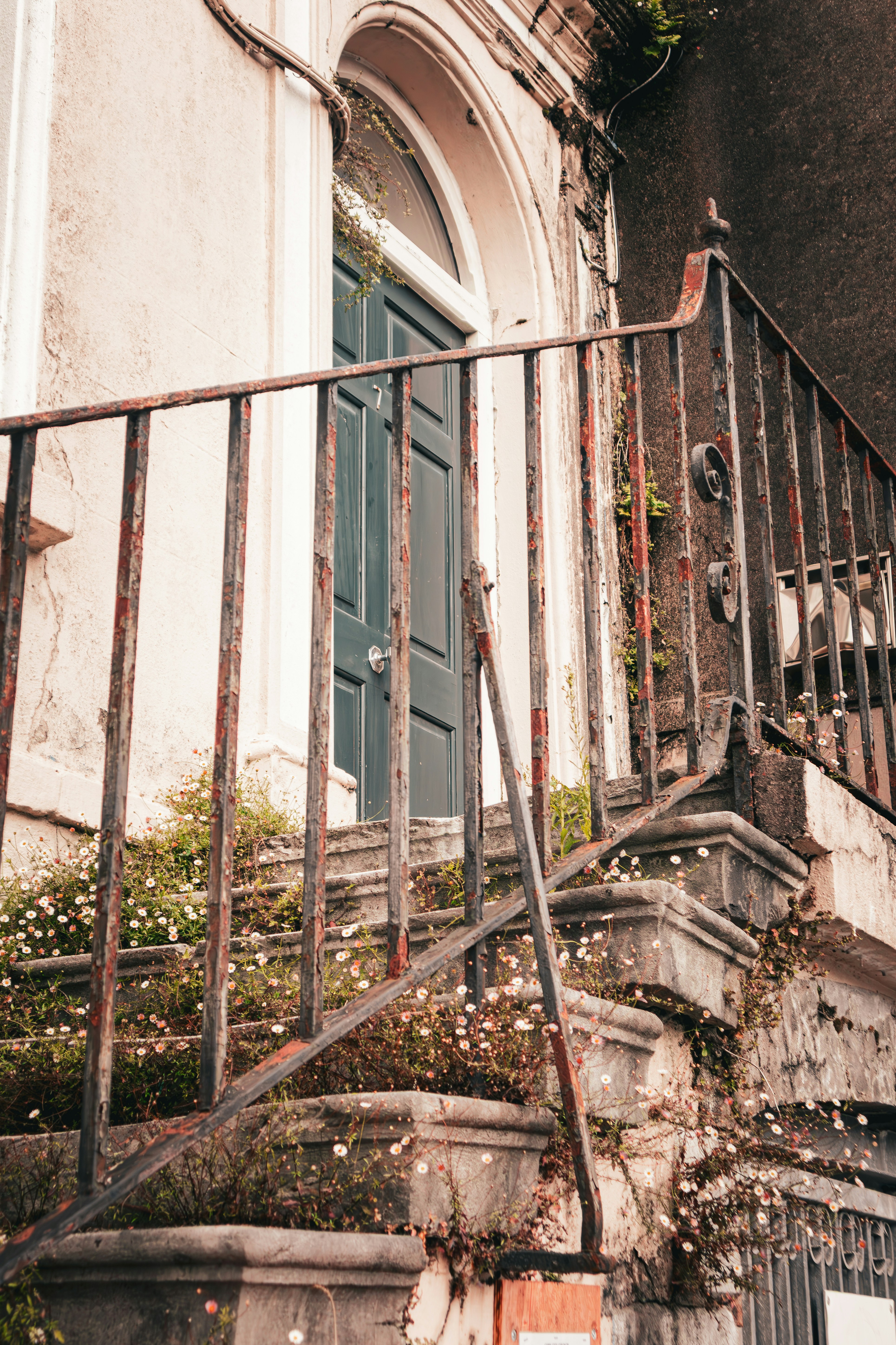 Stone stairs and rusted iron railing frame a weathered building doorway with a faded green door and creeping plants along the steps. A sense of aged urban texture and quiet neglect.