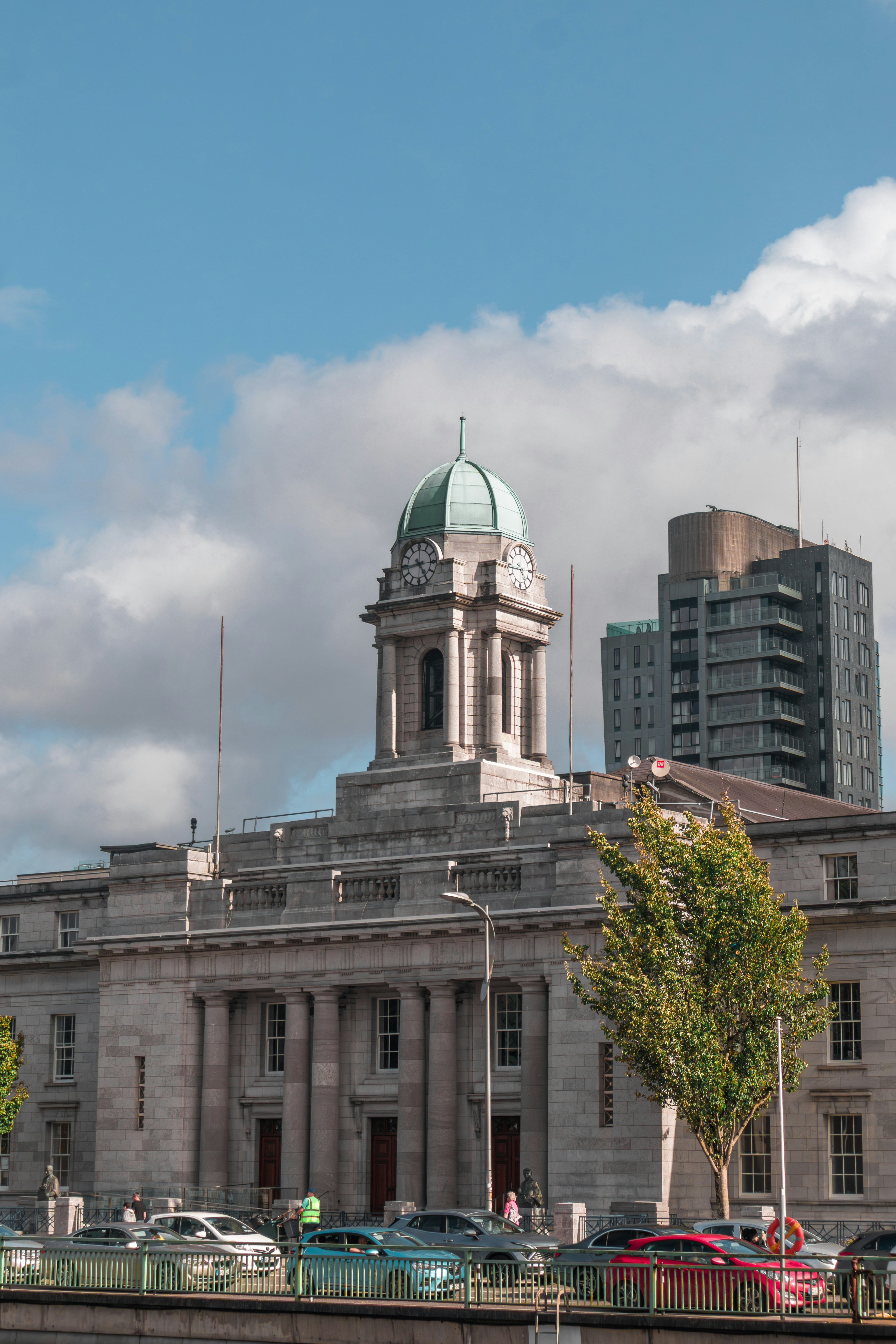 Clock Tower over a Neoclassical City Hall
