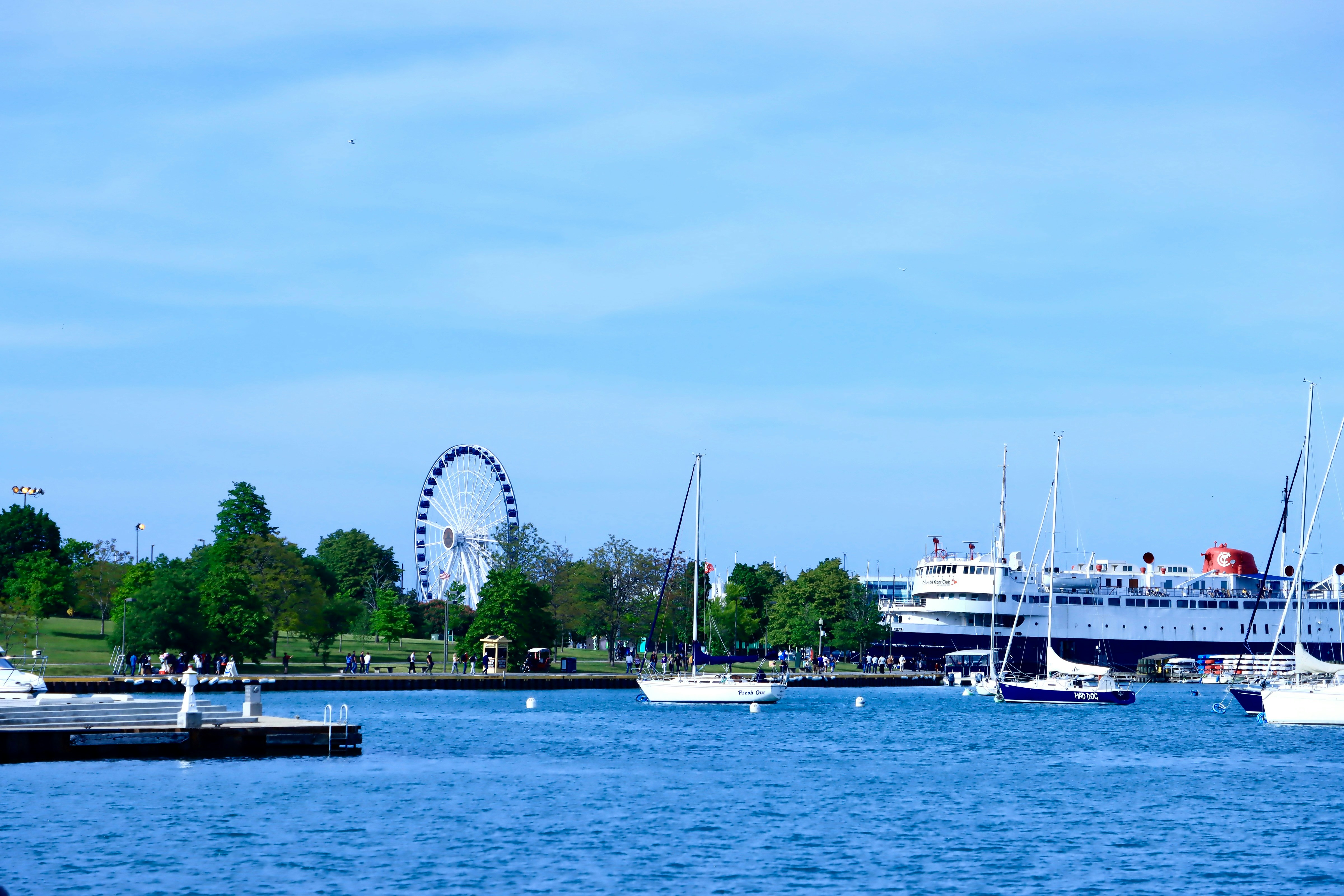 Harbor Vista: Ferris Wheel Silhouette Beyond a Fleet of Sloops