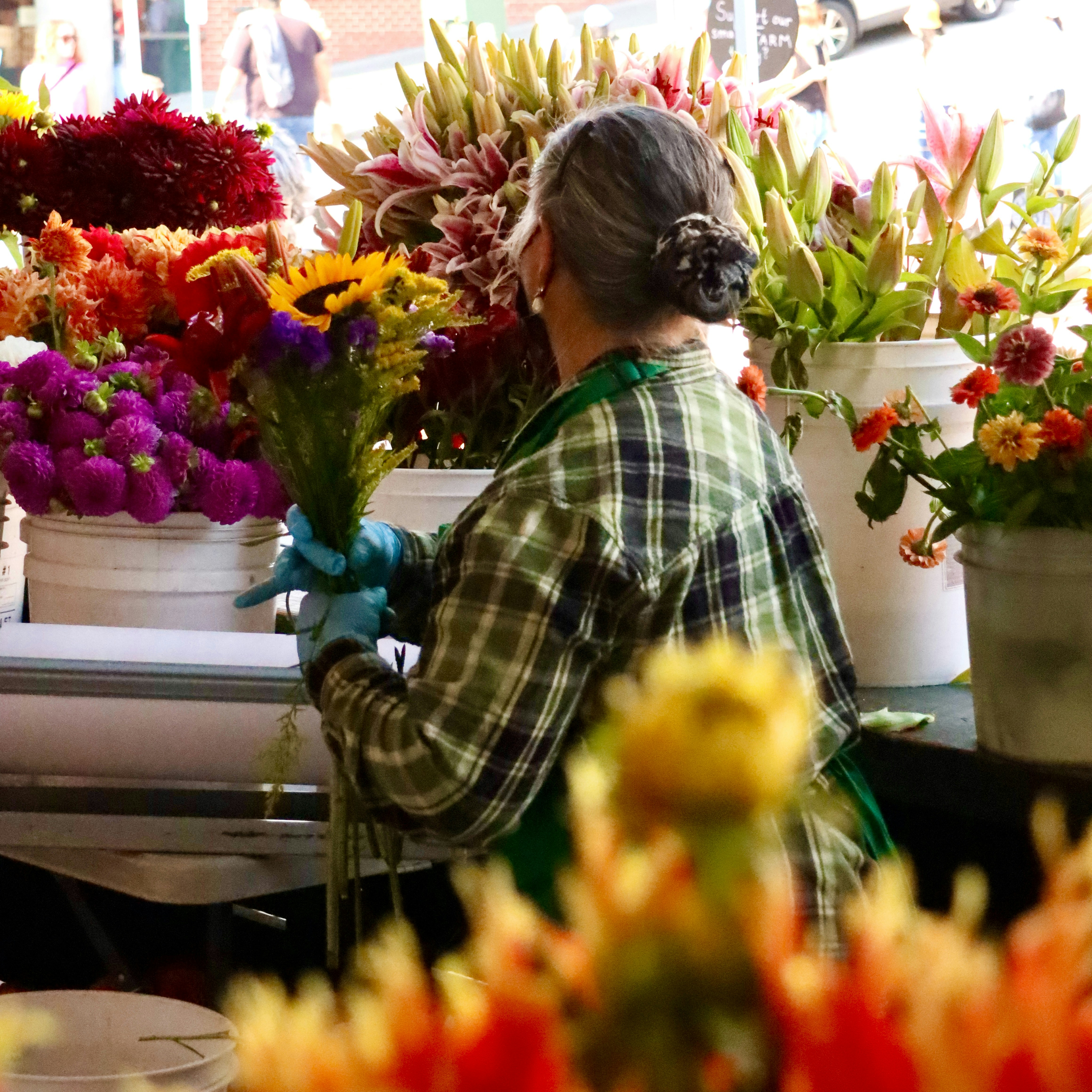 Floral Bounty: A Gardener in a Green Plaid Apron Browses Bright Bouquets