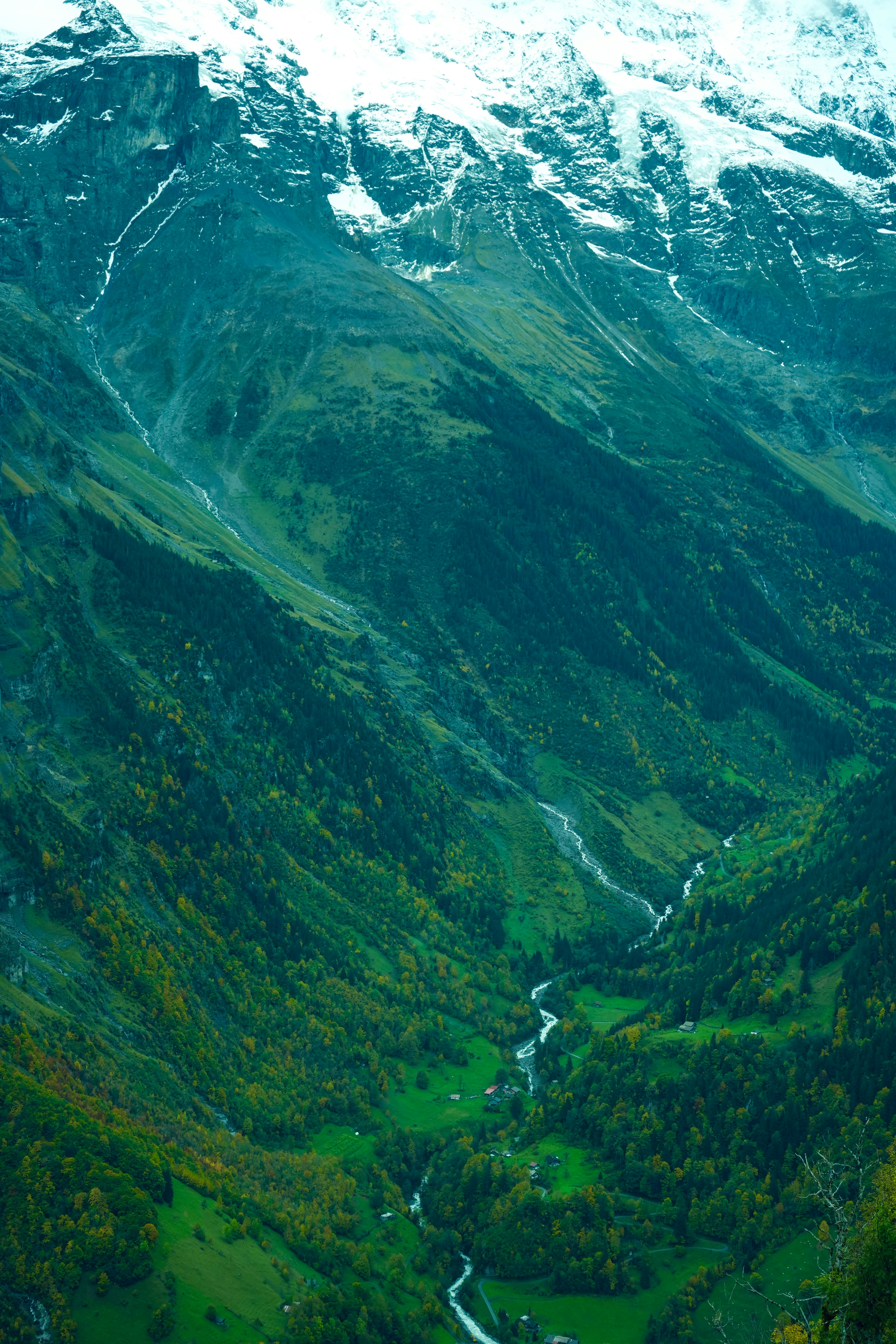 A valley stitched by a winding river under emerald slopes and snowcapped peaks