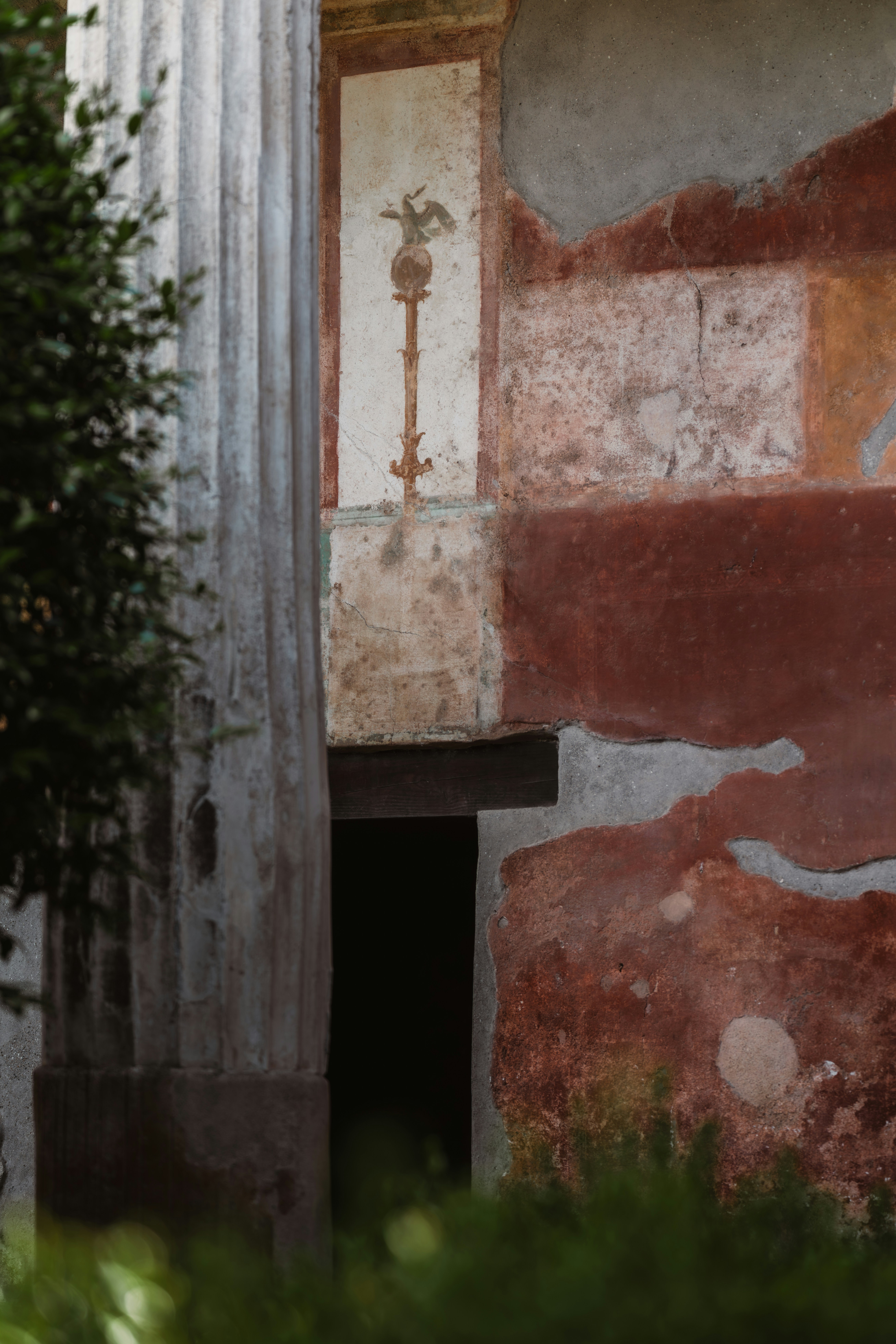 Ancient Fresco Doorway: Weathered Wall Meets Overgrown Entry