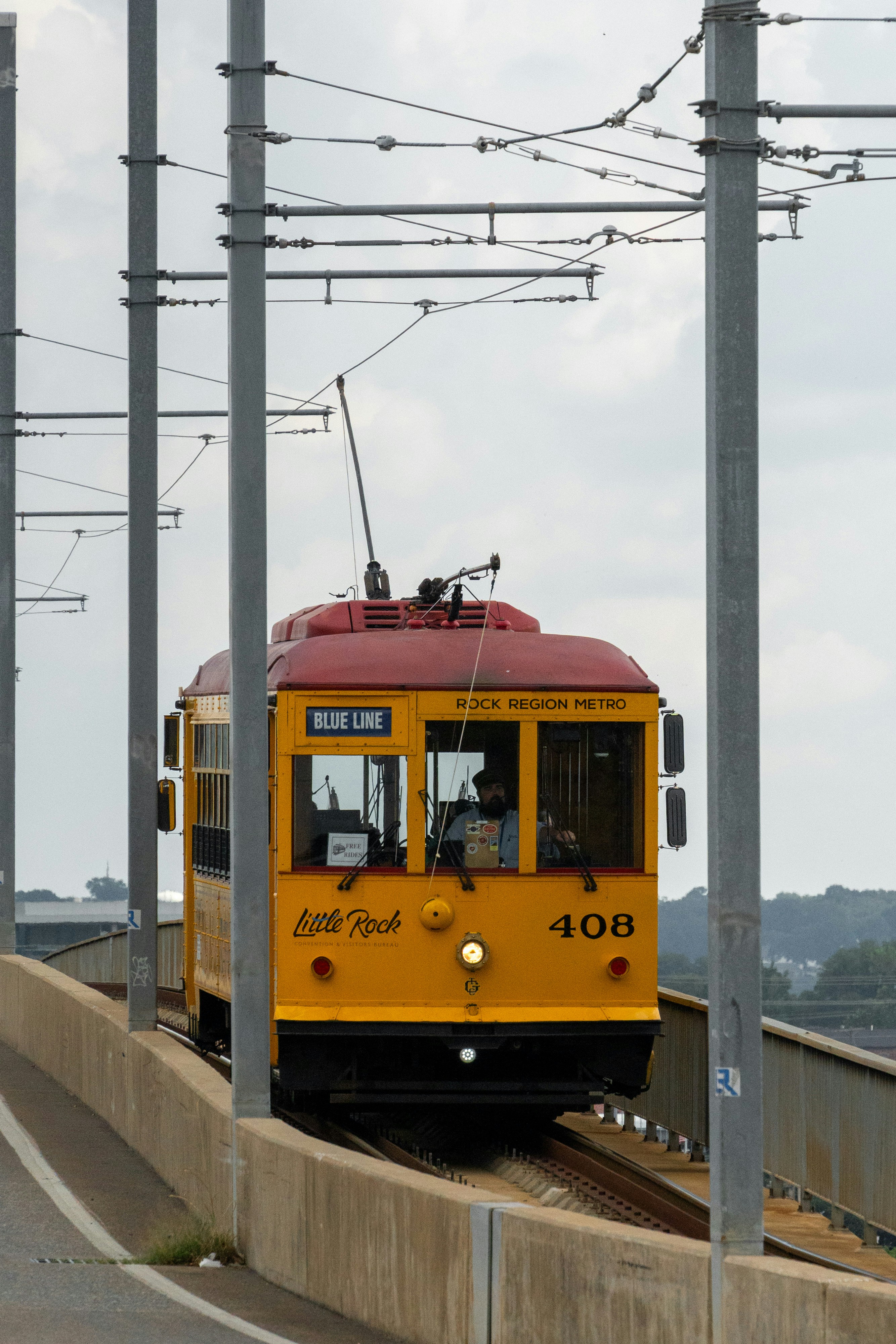Yellow Streetcar Crossing the Sky-Bridge
