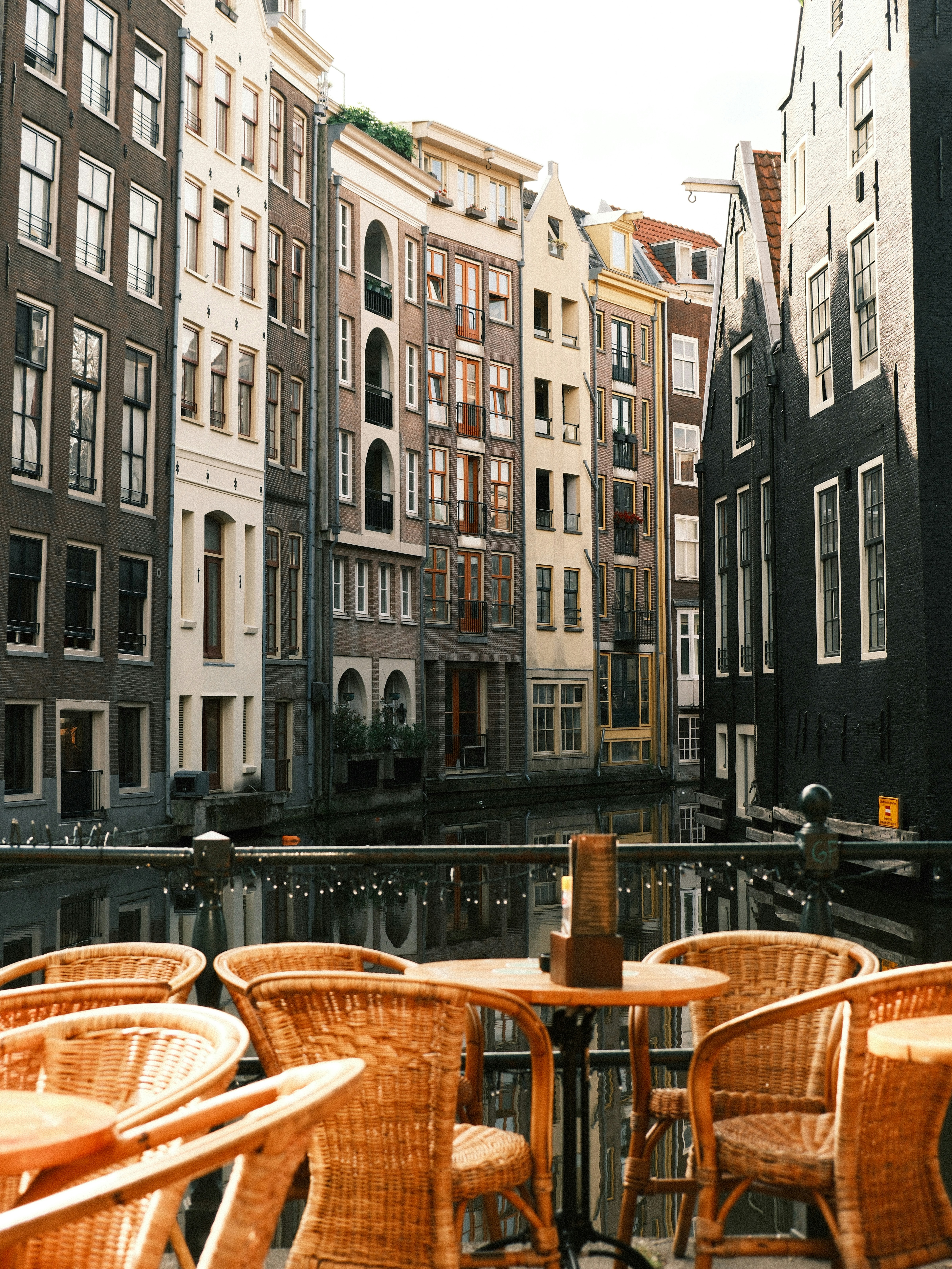 Canal-side Café: Rows of Colorful Dutch-Style Houses Framing a Quiet Waterway