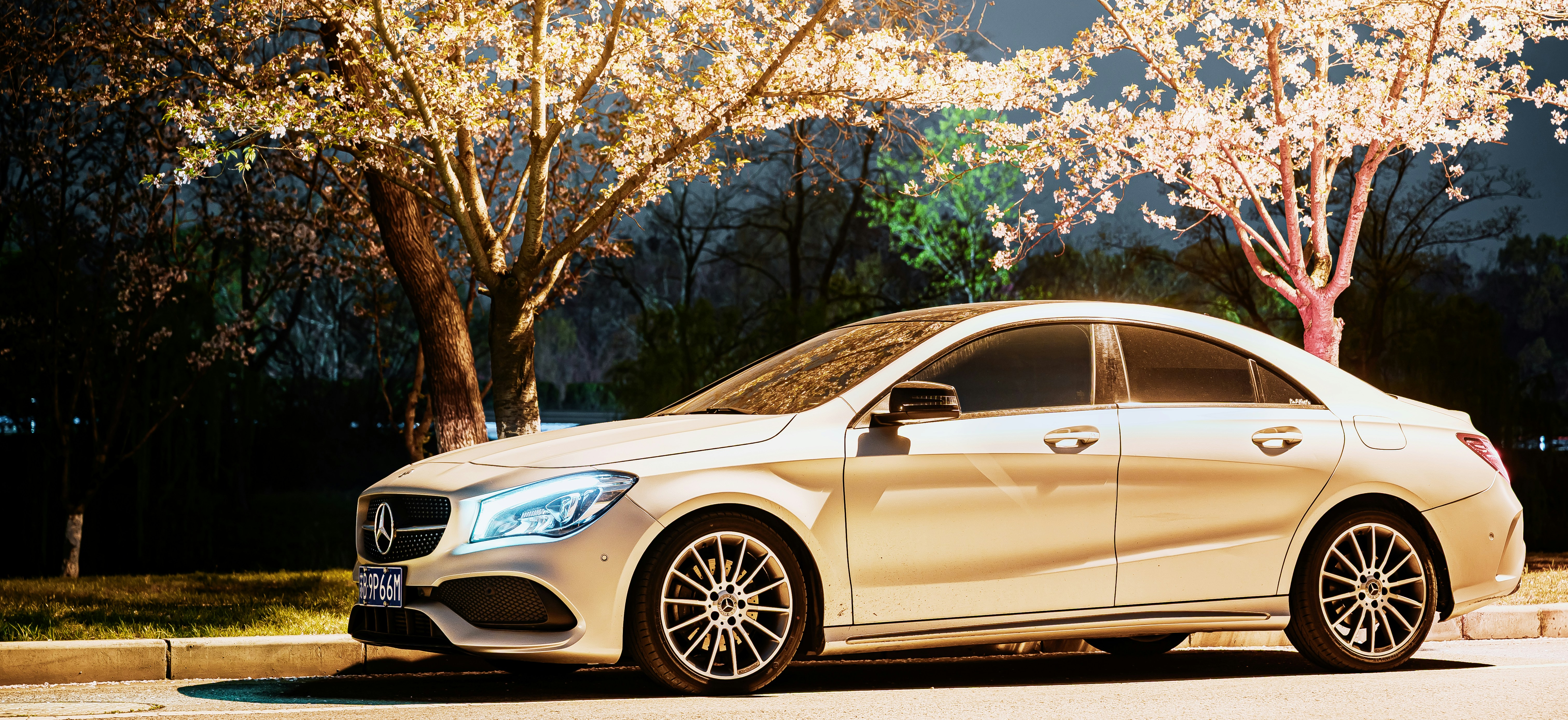Midnight Parked: A Golden Mercedes in Quiet Neon Night
