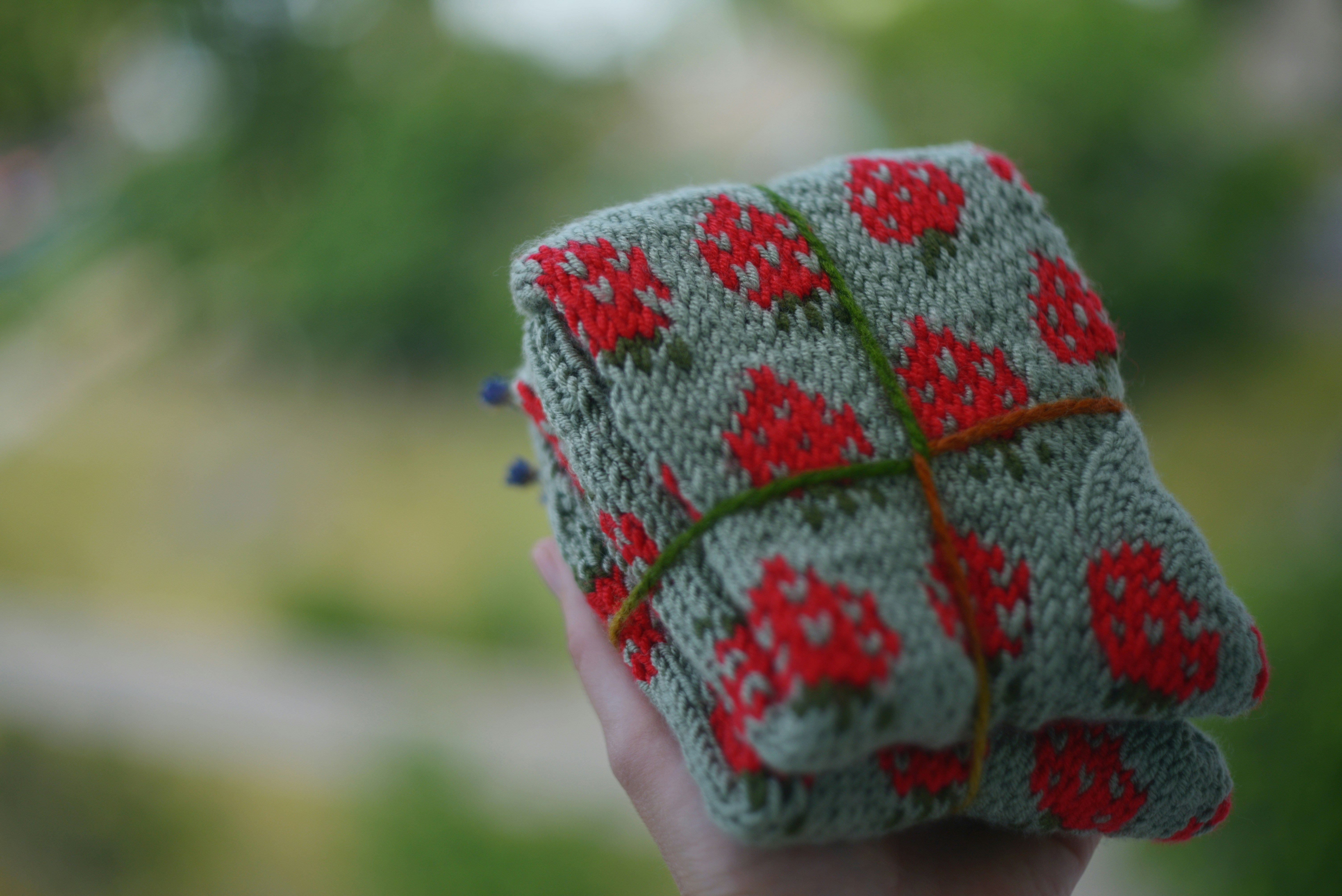 Cardigan Wrapped in Hand: A Cozy Crochet Melody Against a Blurred Garden