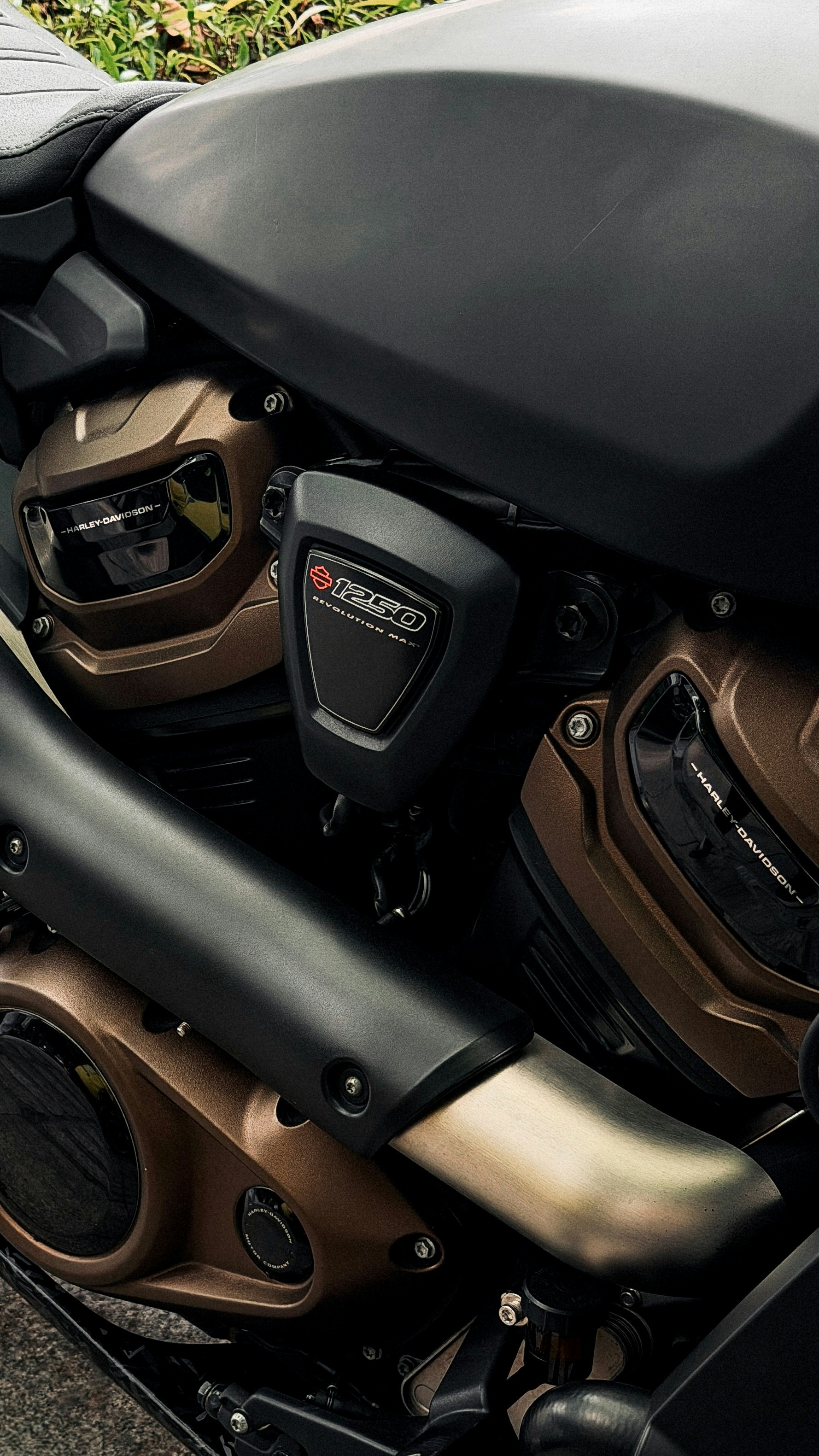 Bronzed Power: Close zoom into a Harley-Davidson 1250 engine under a sleek saddle