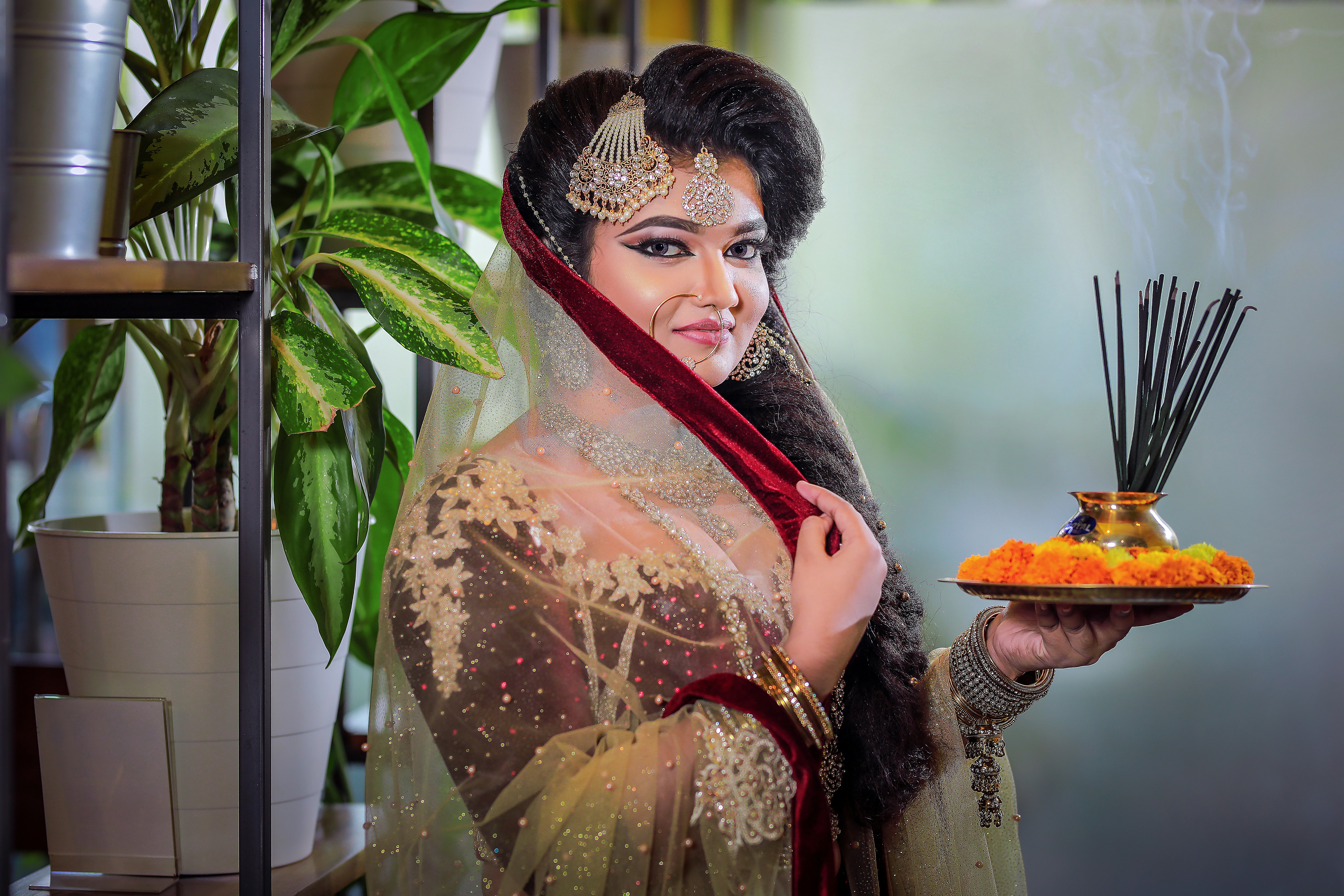 This is a beautiful outdoor bridal portrait featuring a woman dressed in elegant traditional South Asian bridal attire. She is wearing a rich maroon velvet blouse and matching saree, complemented by a cream-colored embroidered veil with a maroon border, which she gracefully holds open with both hands. Her outfit is enhanced with intricate gold embroidery and sparkling embellishments.