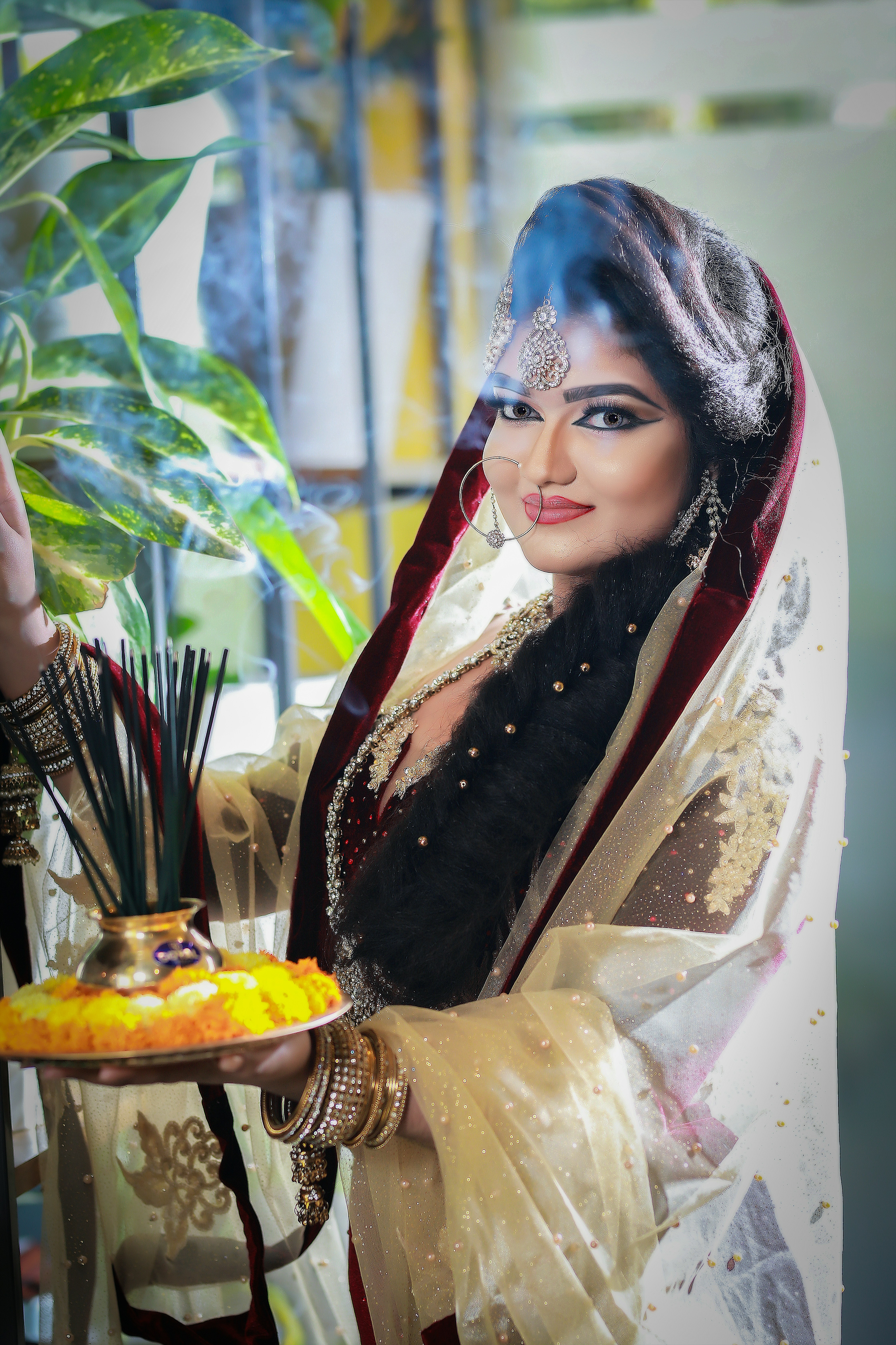 This is a beautiful outdoor bridal portrait featuring a woman dressed in elegant traditional South Asian bridal attire. She is wearing a rich maroon velvet blouse and matching saree, complemented by a cream-colored embroidered veil with a maroon border, which she gracefully holds open with both hands. Her outfit is enhanced with intricate gold embroidery and sparkling embellishments.