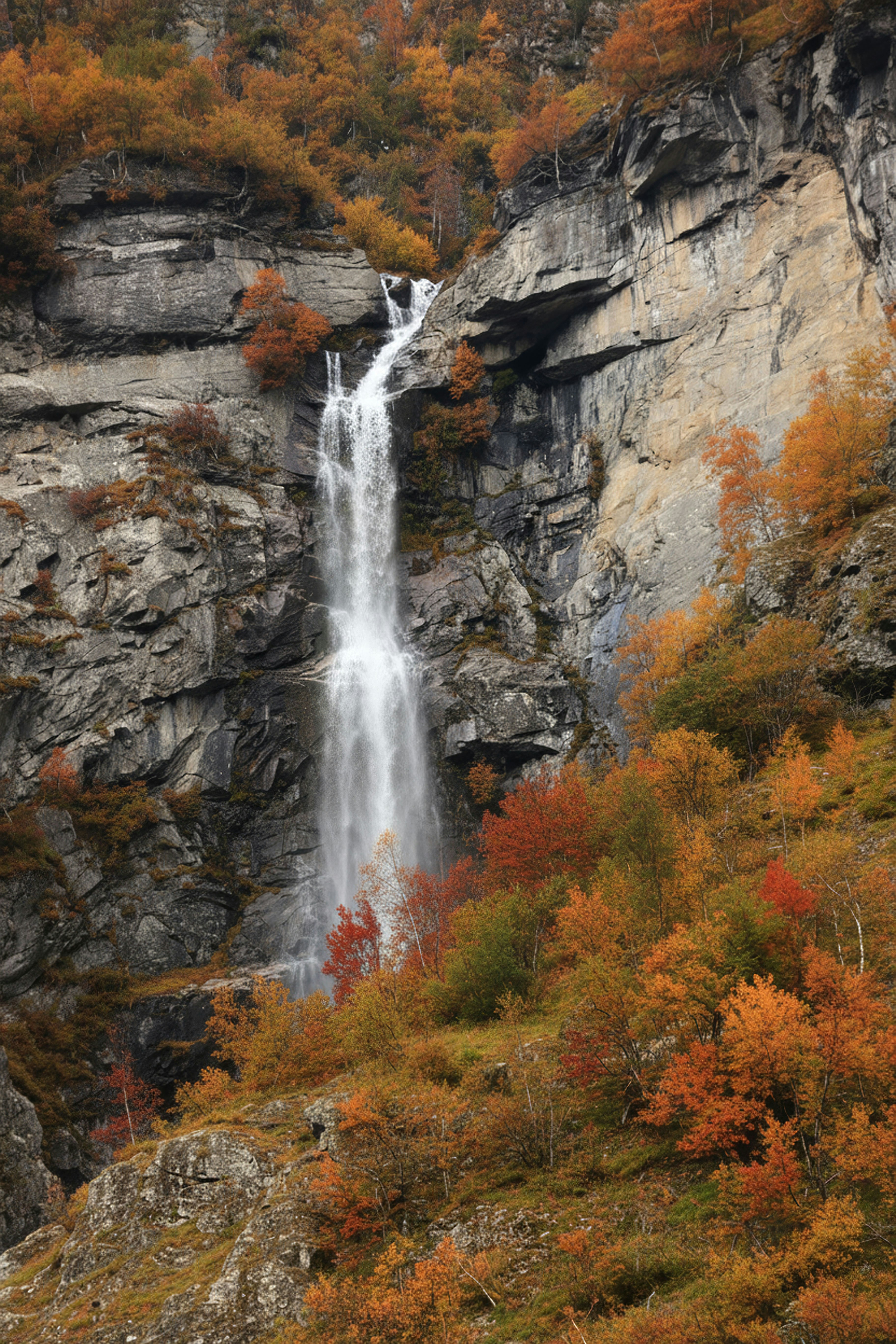 A stunning waterfall plunges down dramatic granite cliffs surrounded by vibrant autumn foliage in the Norwegian mountains. Brilliant shades of orange, red, and gold contrast beautifully with the rugged rock formations and cascading water, creating a breathtaking Scandinavian landscape perfect for travel, nature, and outdoor photography.