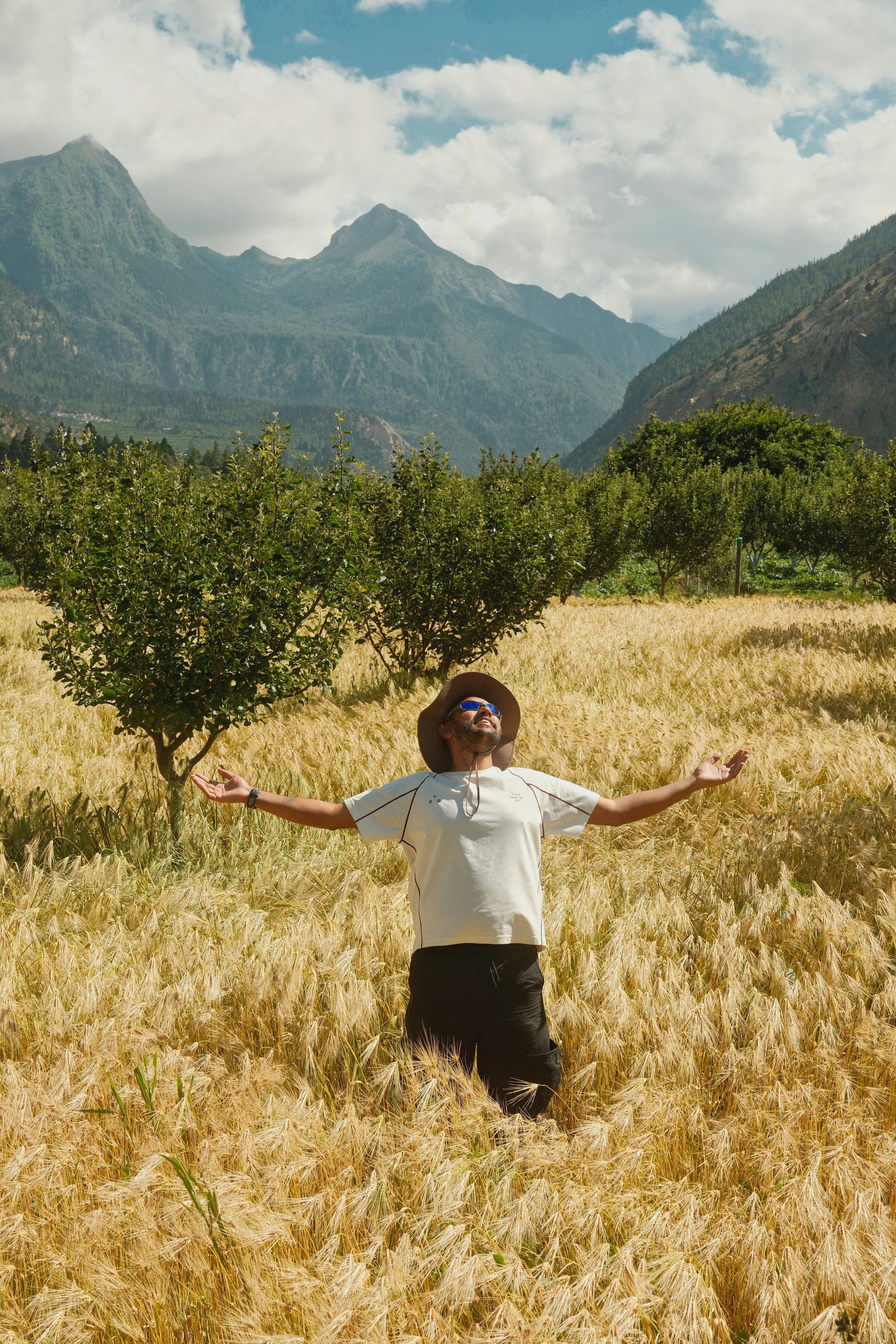 Sunlit Harvest: A Joyful Stance Among Golden Fields