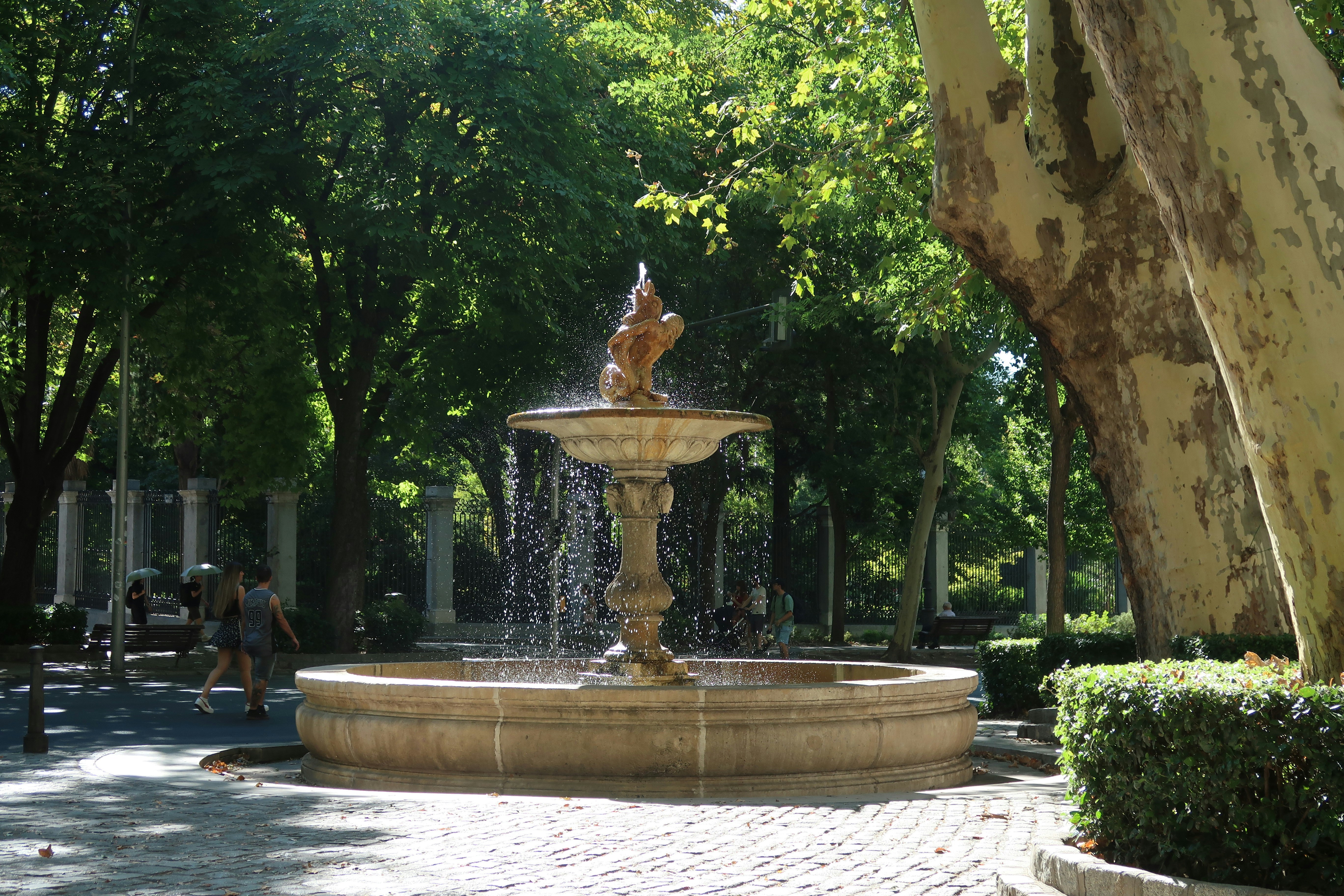 Shaded Courtyard Fountain: Sunlit Droplets and Quiet Pedestrian Trails