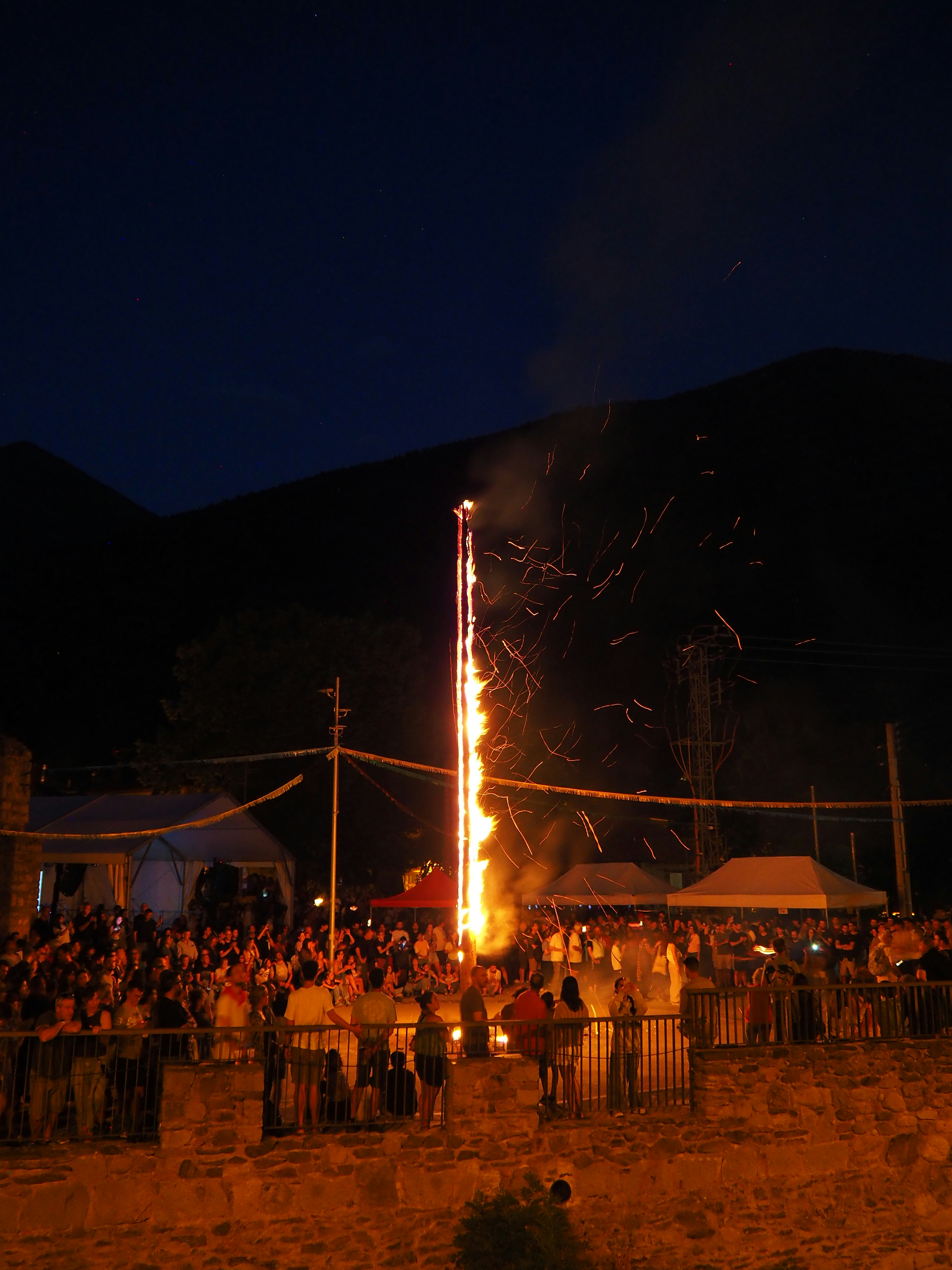 Vertical Inferno: Fireworks and Crowd in Low Light