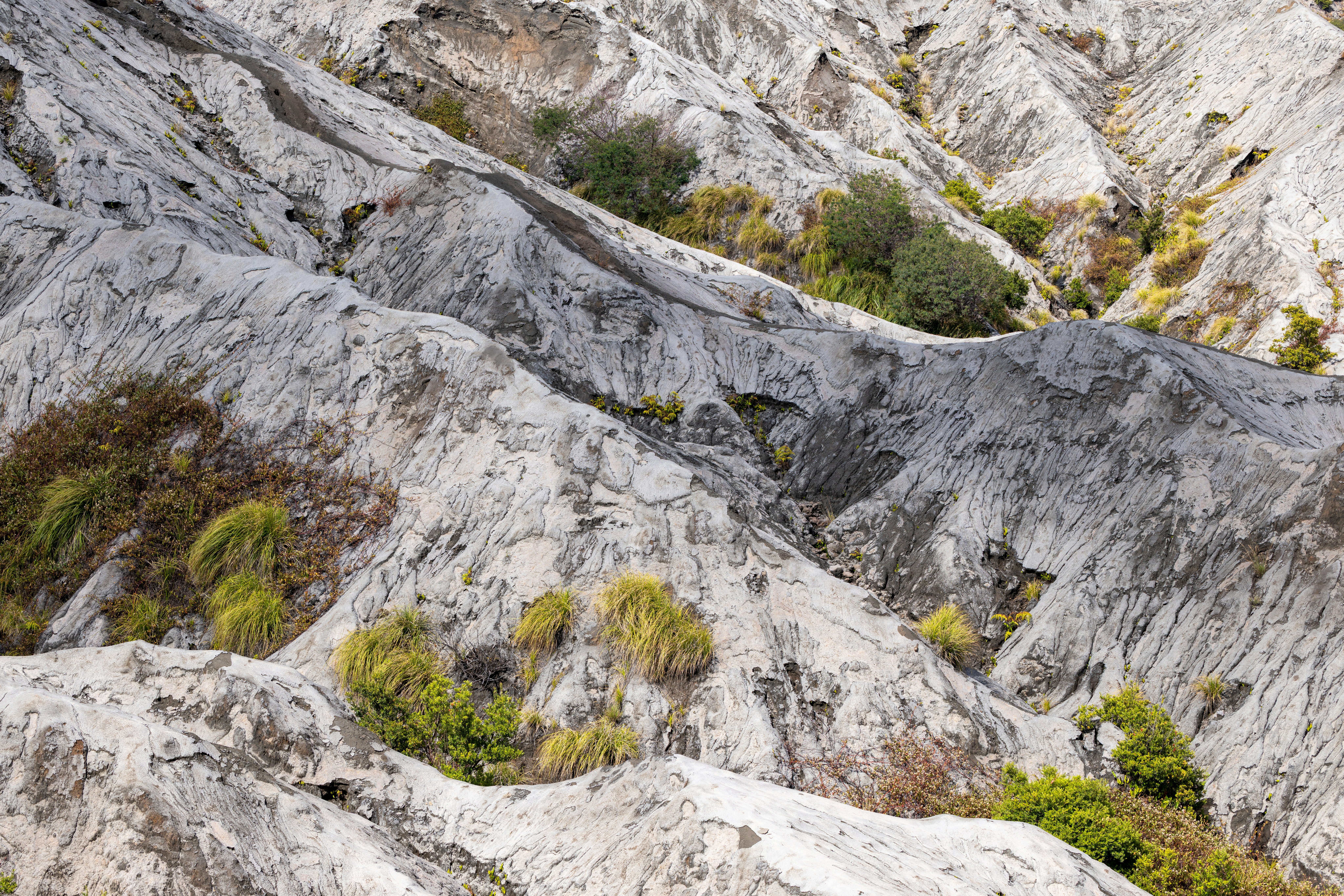 Rugged, pale rock ridges with sparse green tufts create a stark, textured landscape; the scene emphasizes geology and arid terrain.