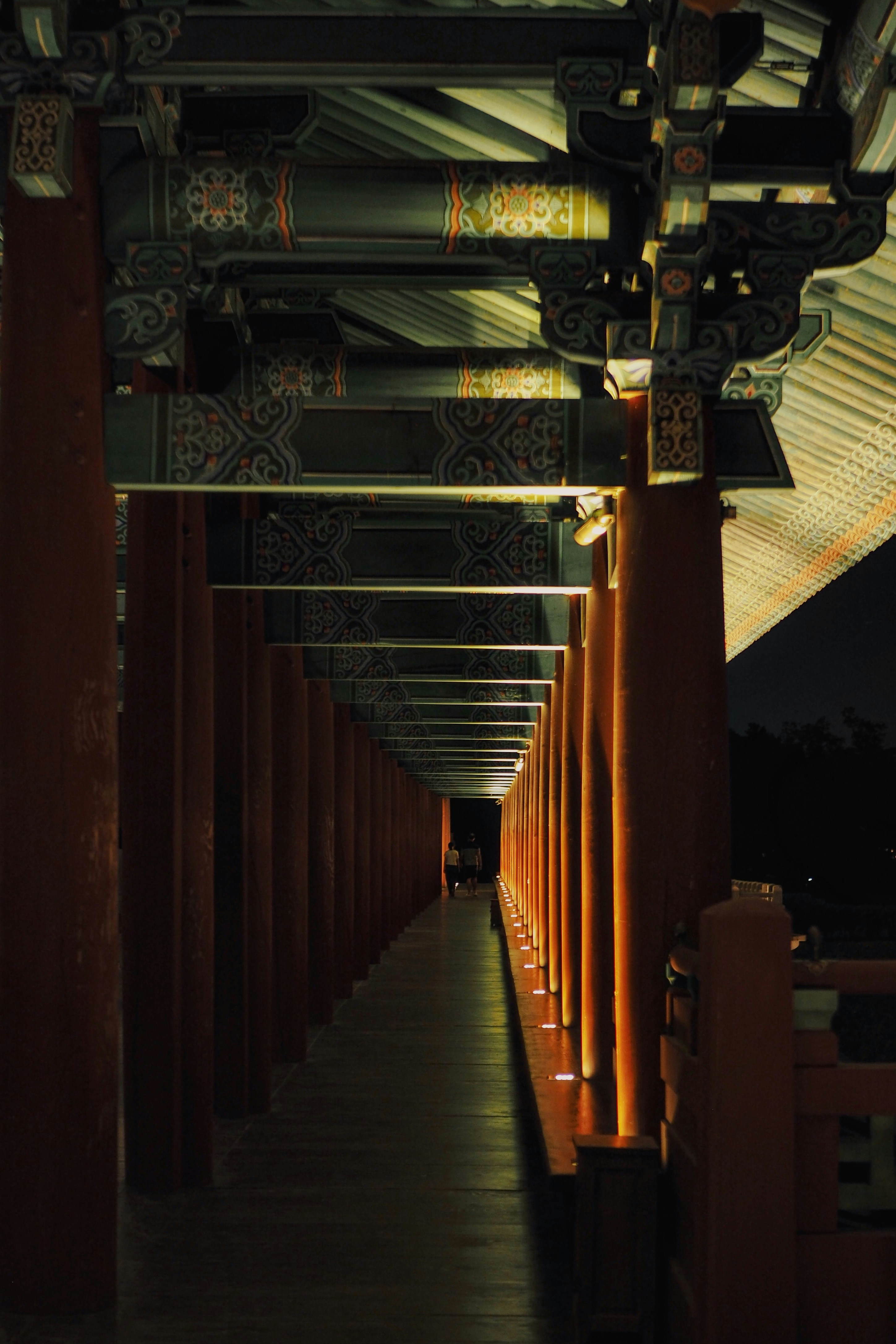 Lanterned Corridor of Red Columns in Nighttime Temple