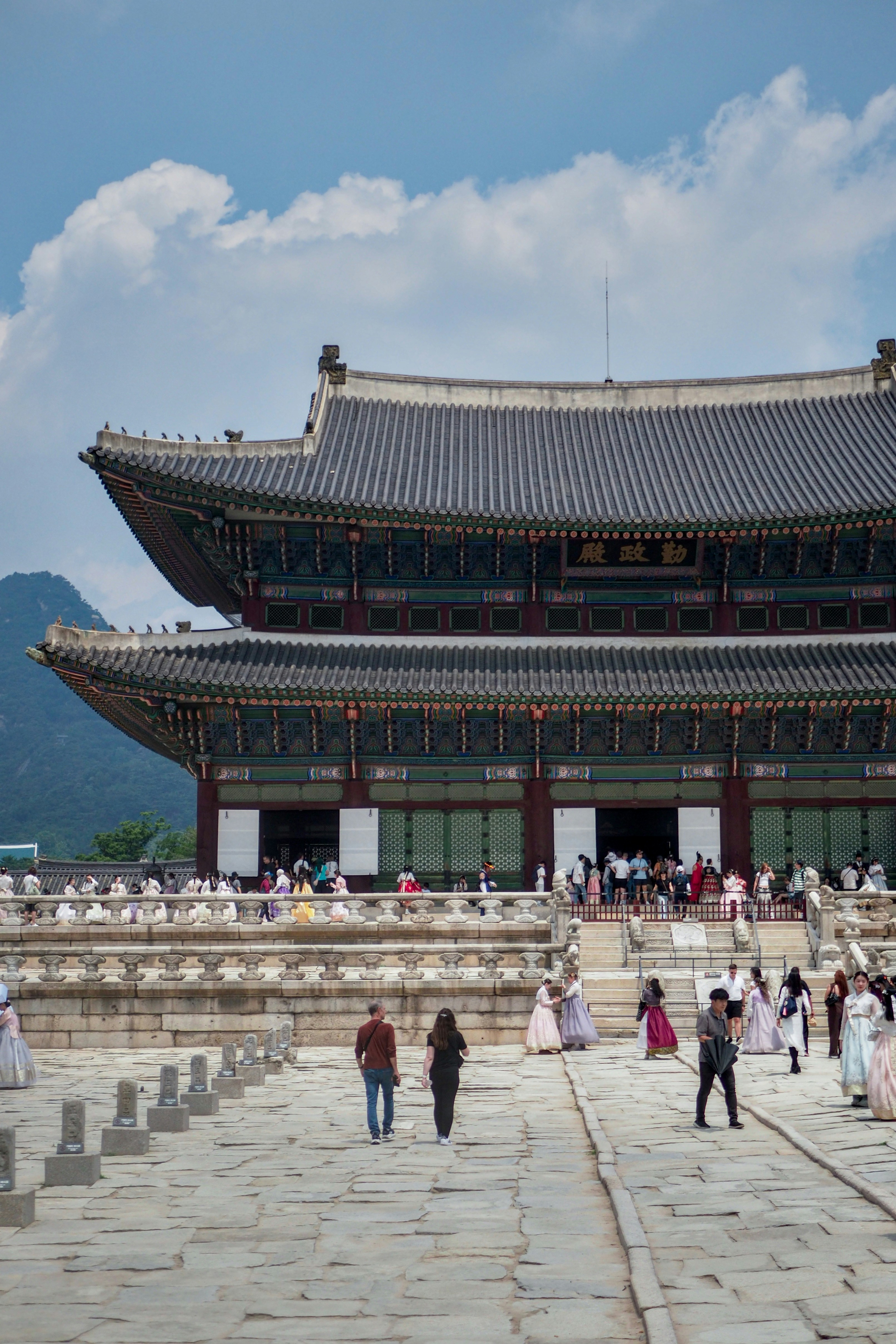 Temple Courtyard Echoes: Visitors Near a Traditional Korean Palace