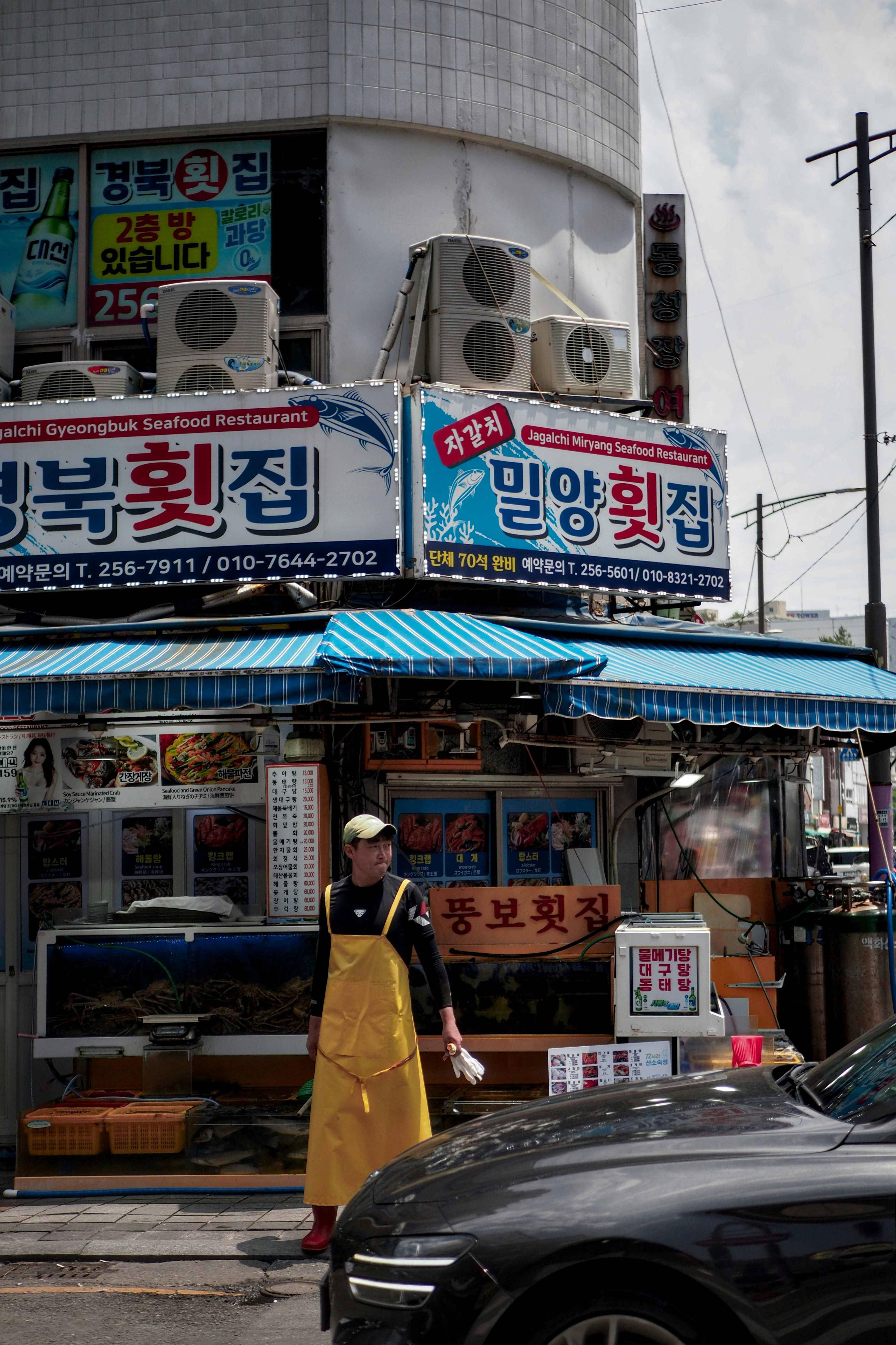 Market Stall Portrait: Apron-Clad Vendor Beneath Neon Signs