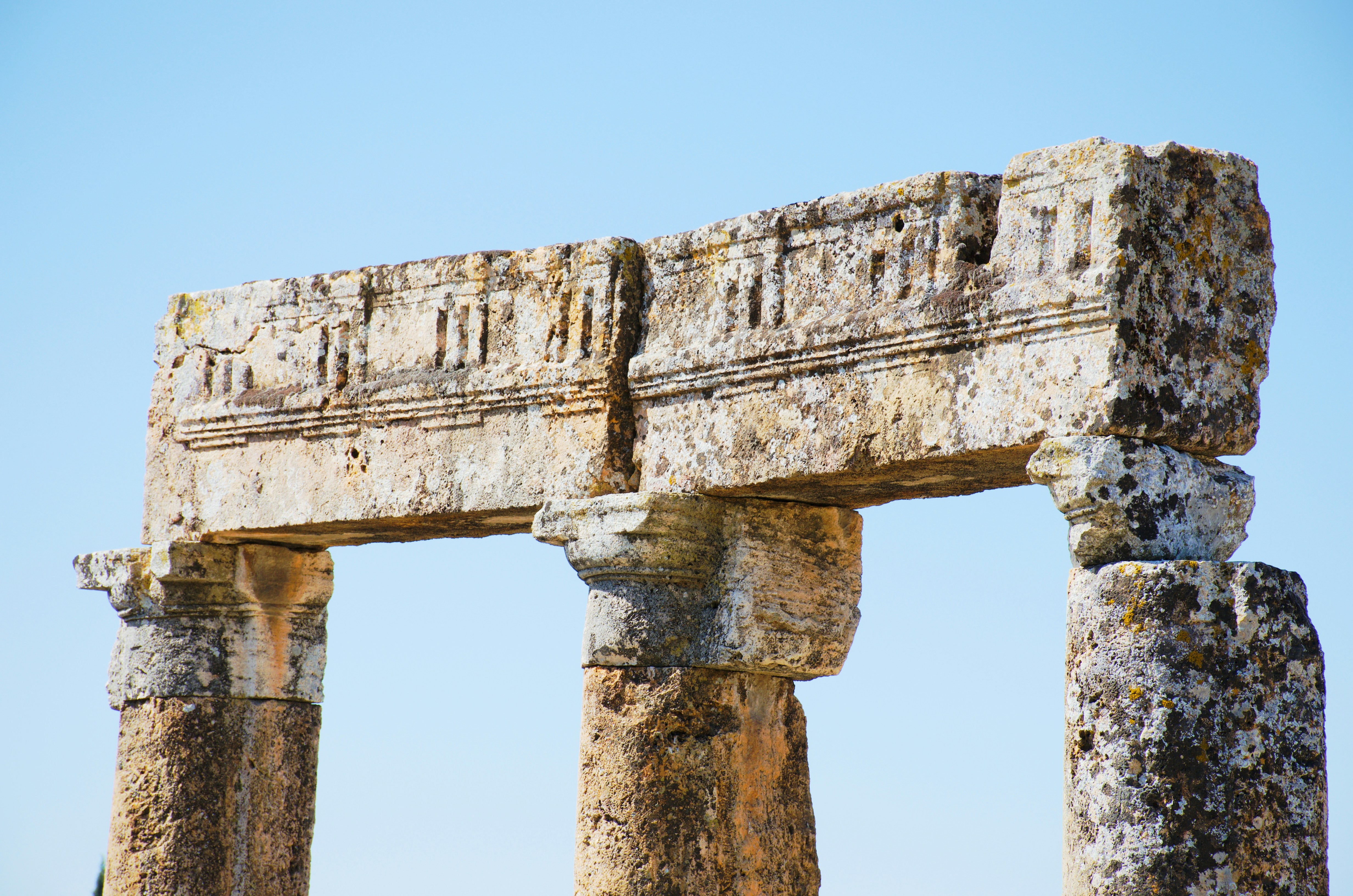 Weathered Doric Fragments Reaching Toward a Sunlit Sky