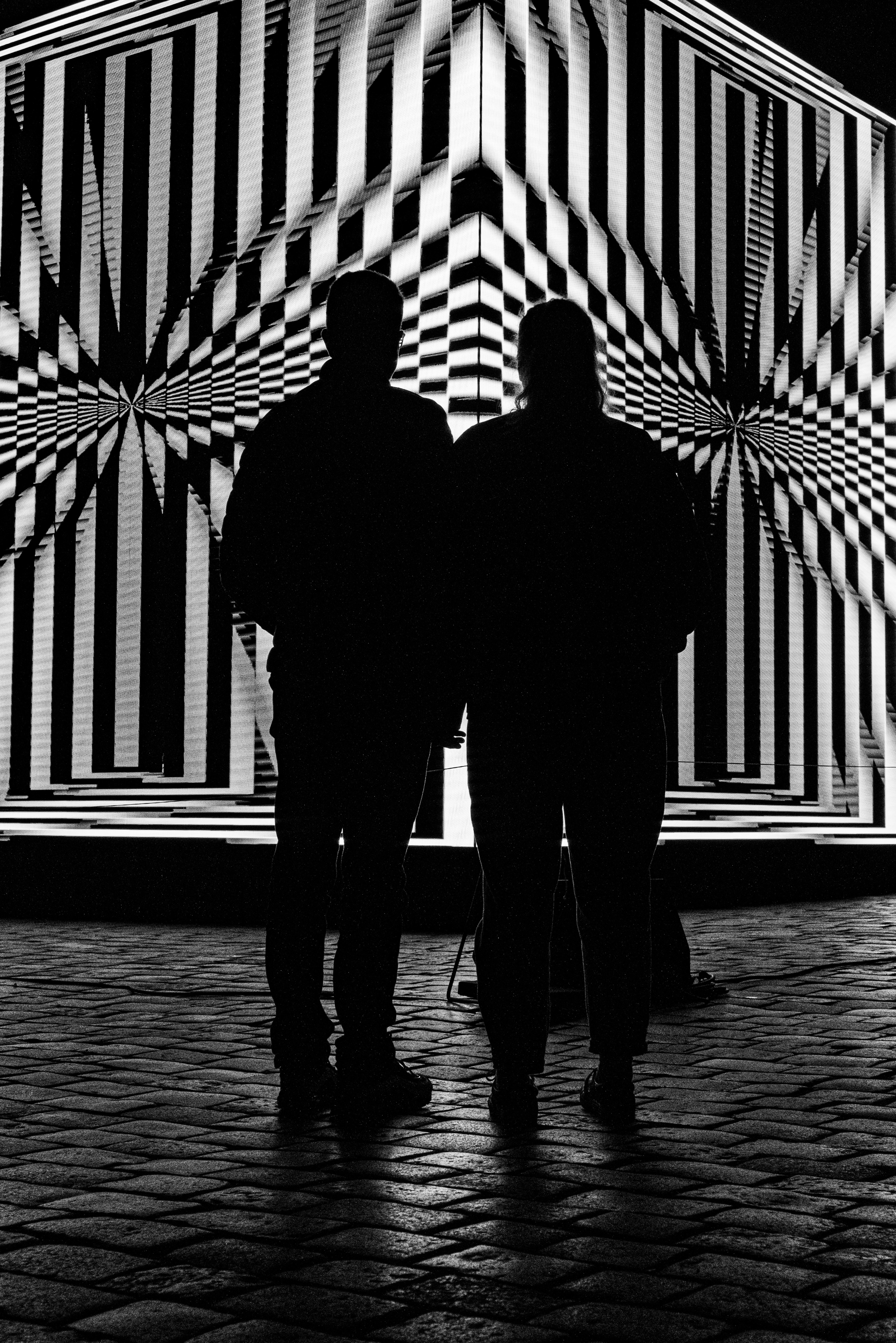 Silhouetted Duo Before a Geometric Mirage