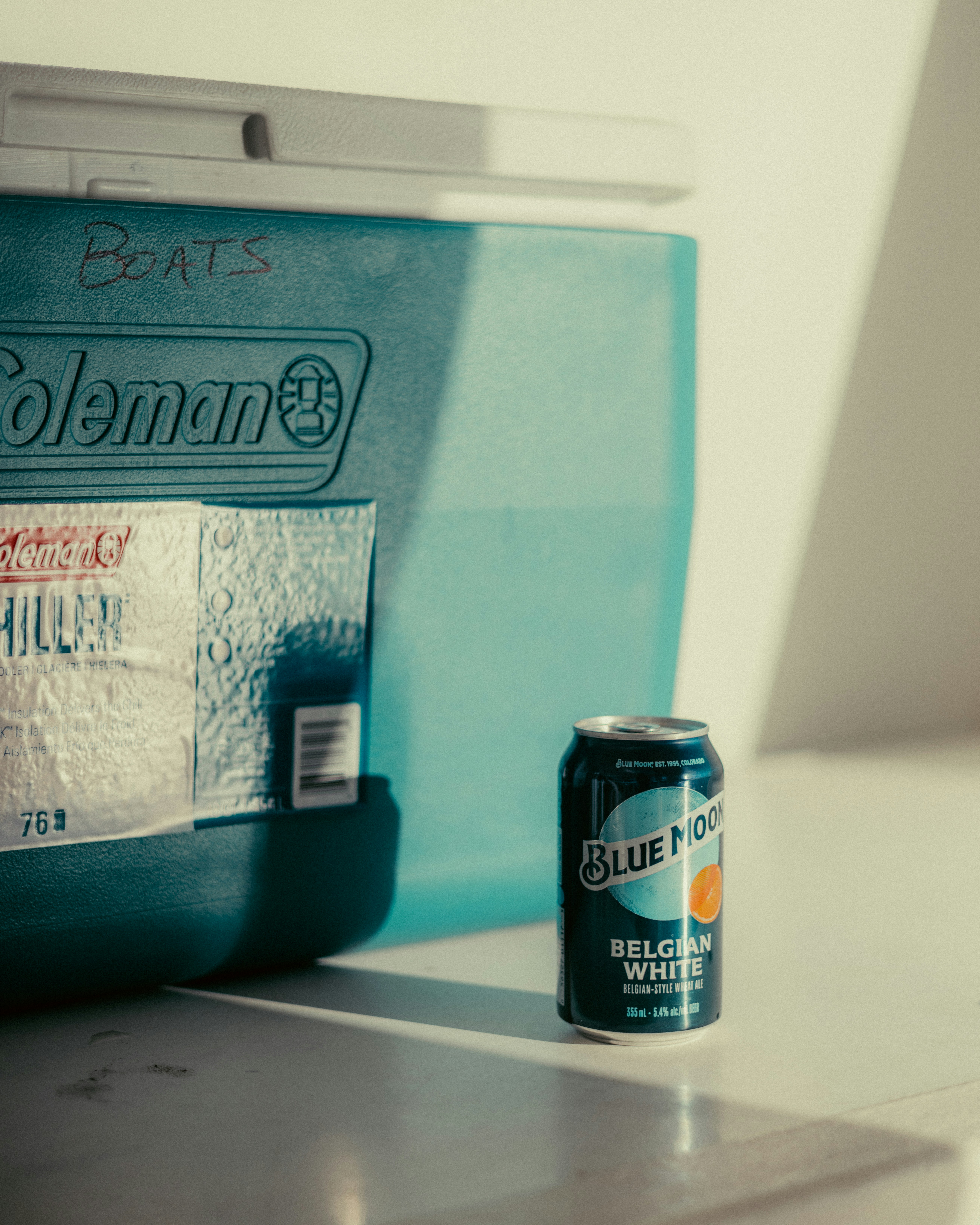 Blue Moon on a Sunny Shelf: A Cornered Cold Can beside a Vintage Cooler