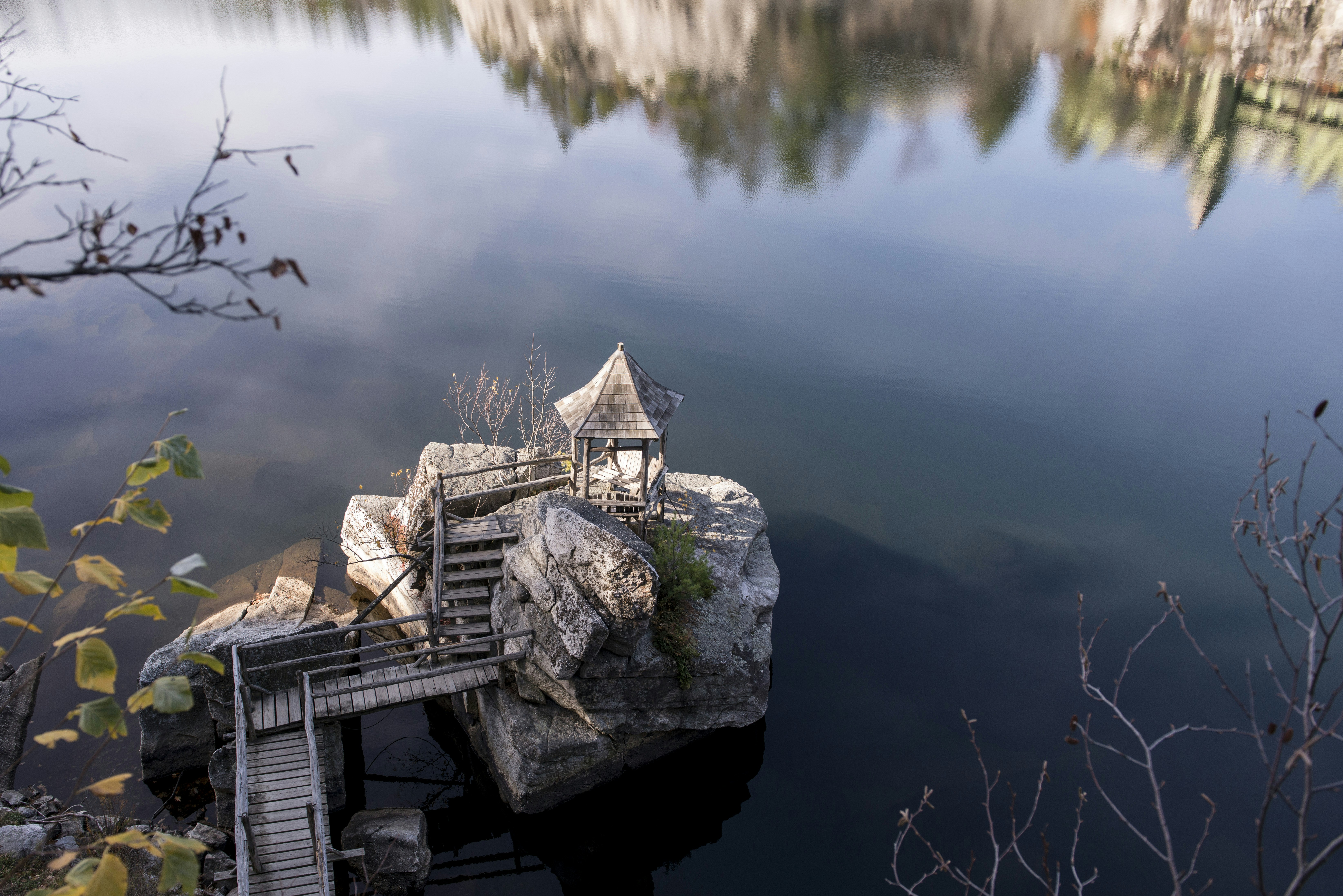 Hidden fortress on tranquil water