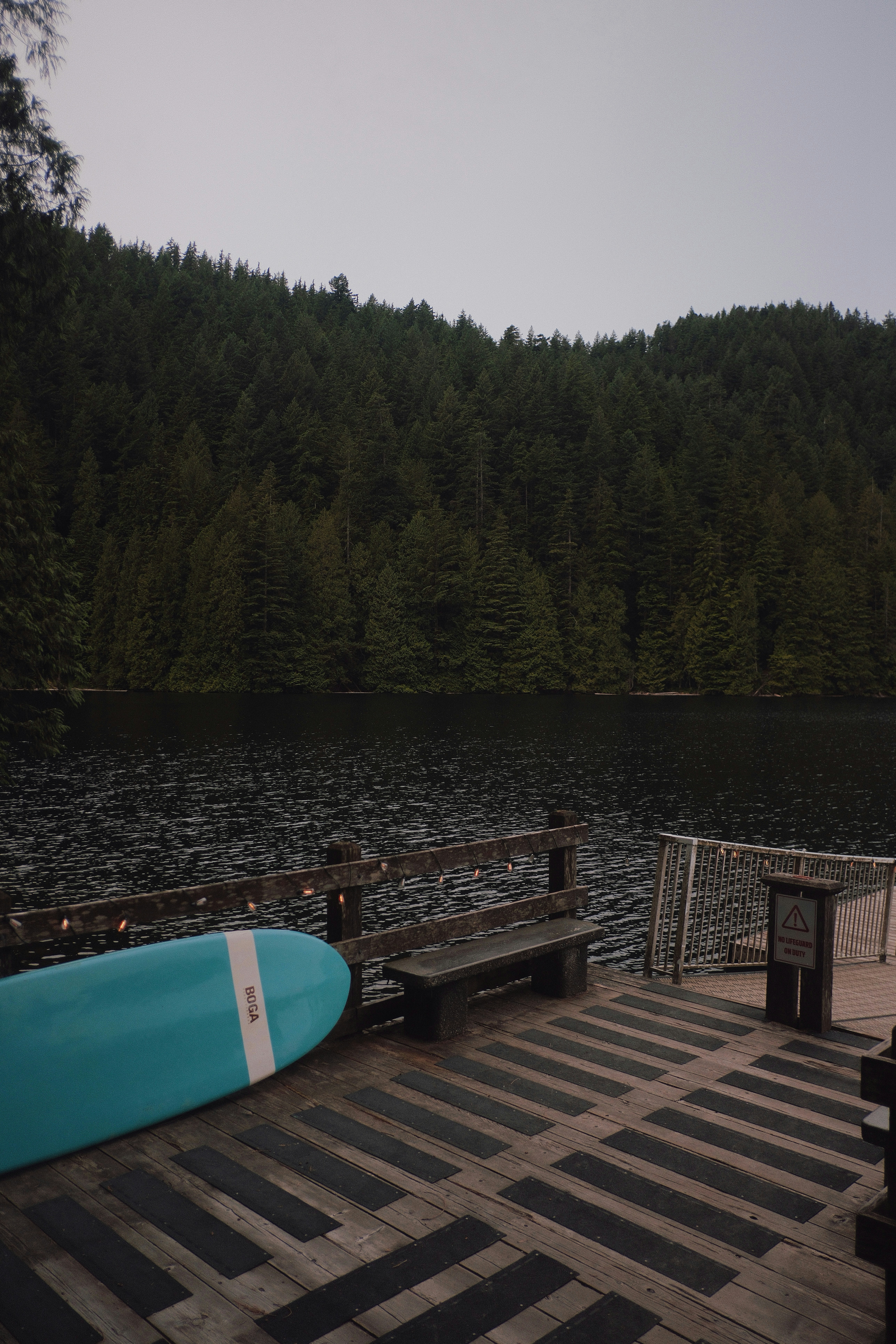 Calm Lakeside Dock with a Turquoise Surfboard Backed by Pine Forest