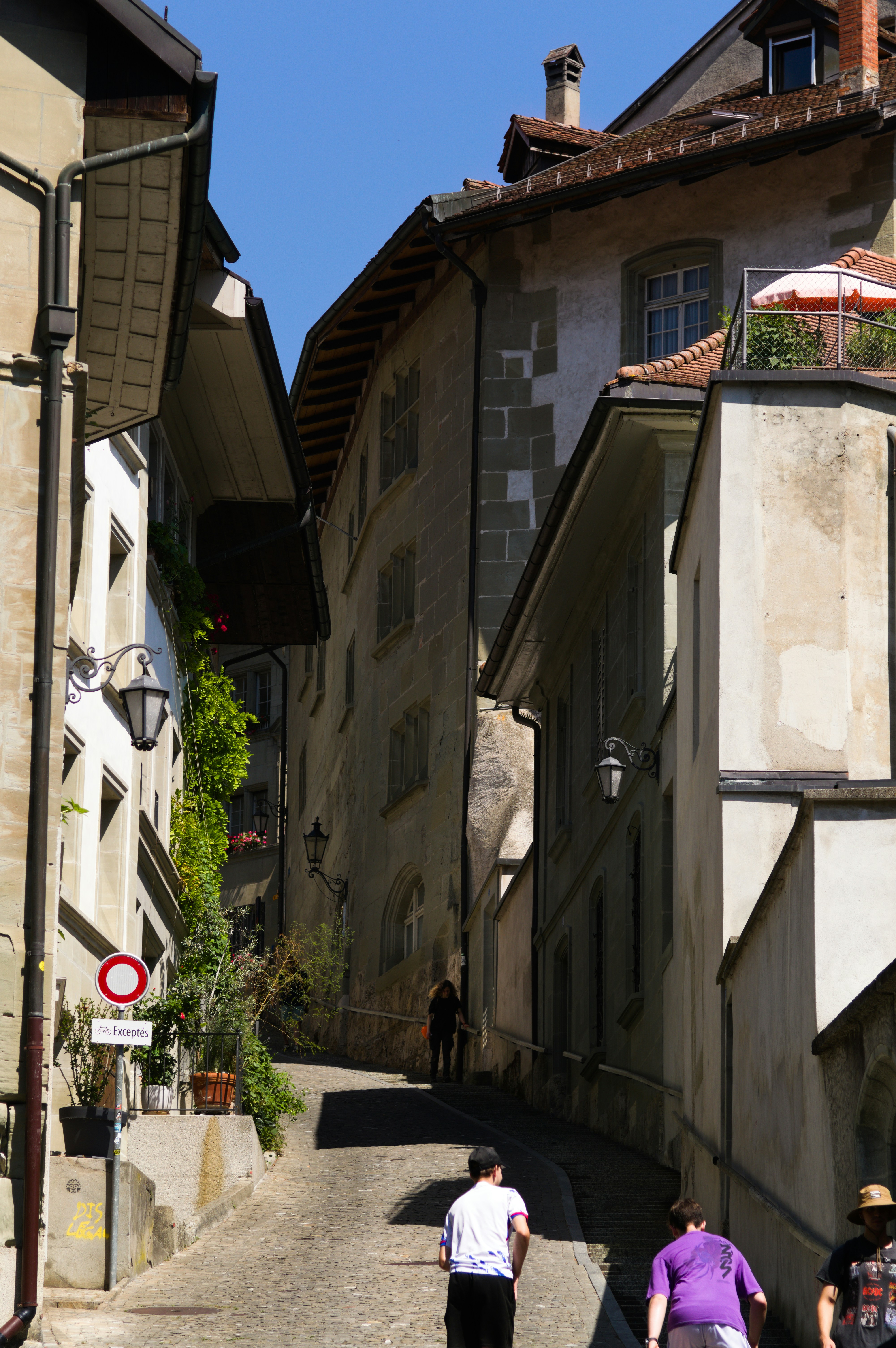 Sunlit Swiss Street: A Narrow Cobbled Path Between Timeless Facades