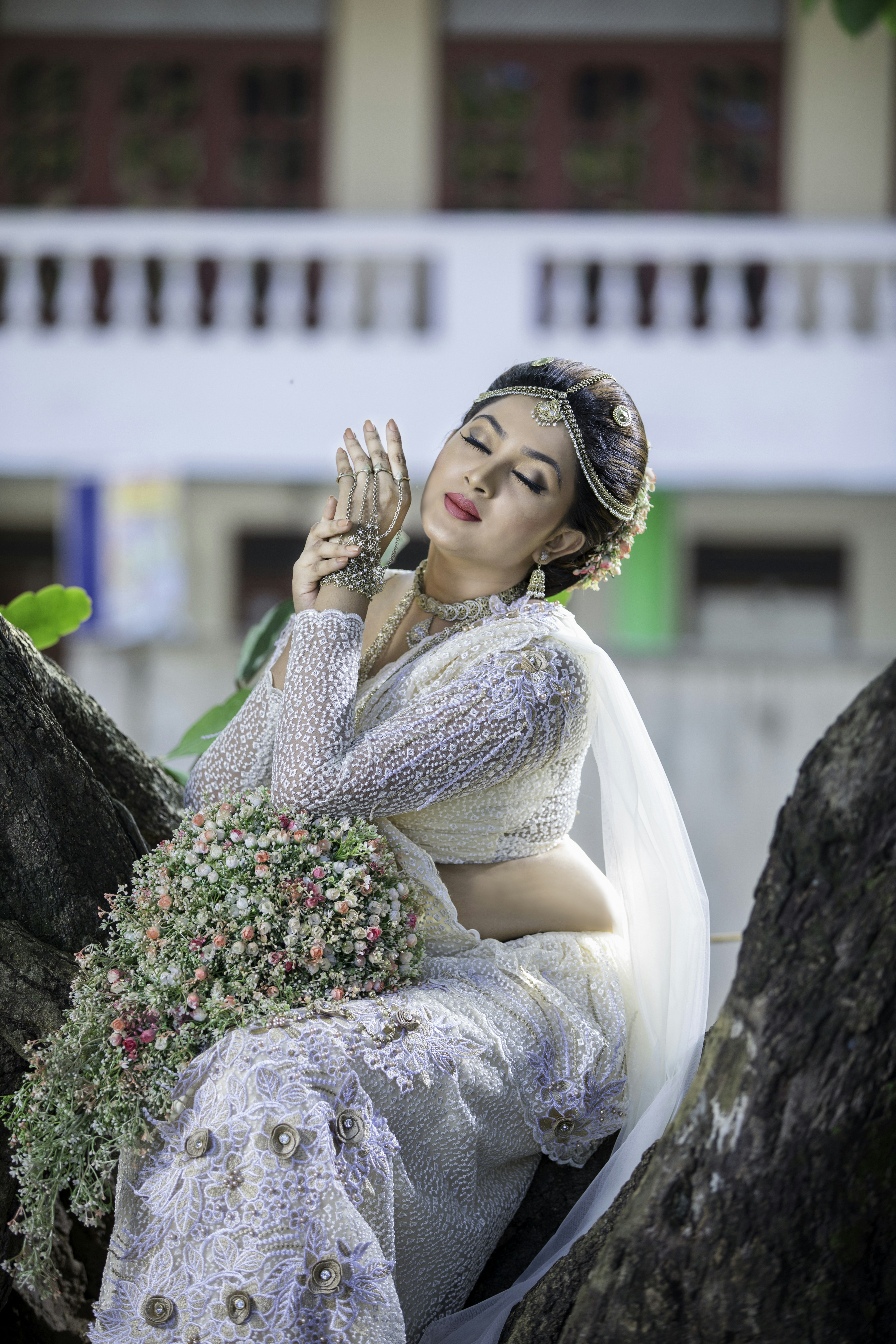 Graceful Bride in Bloom: a Silken Pose Among Trees