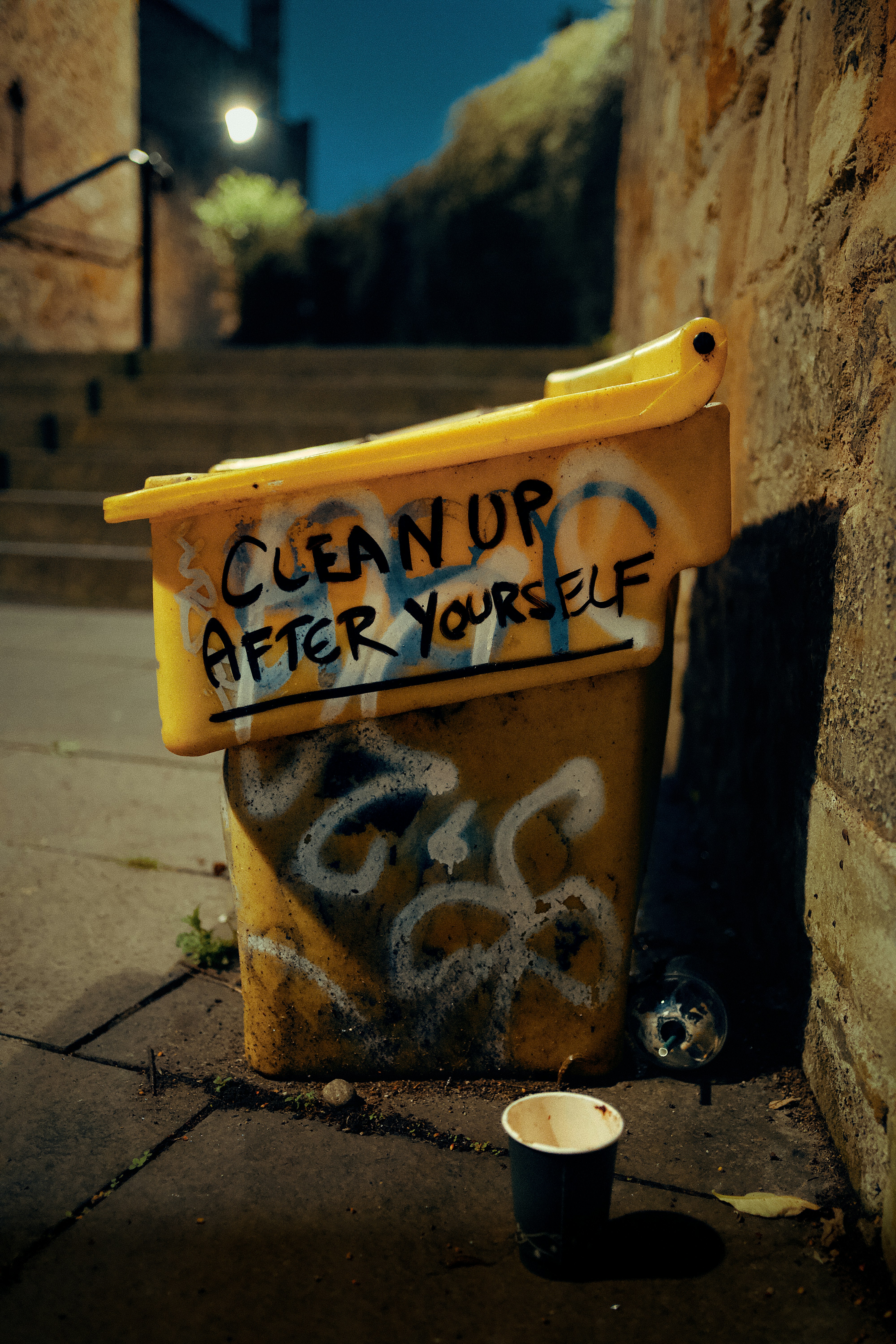 Graffiti Trash Can Whispering Night: Clean Up After Yourself