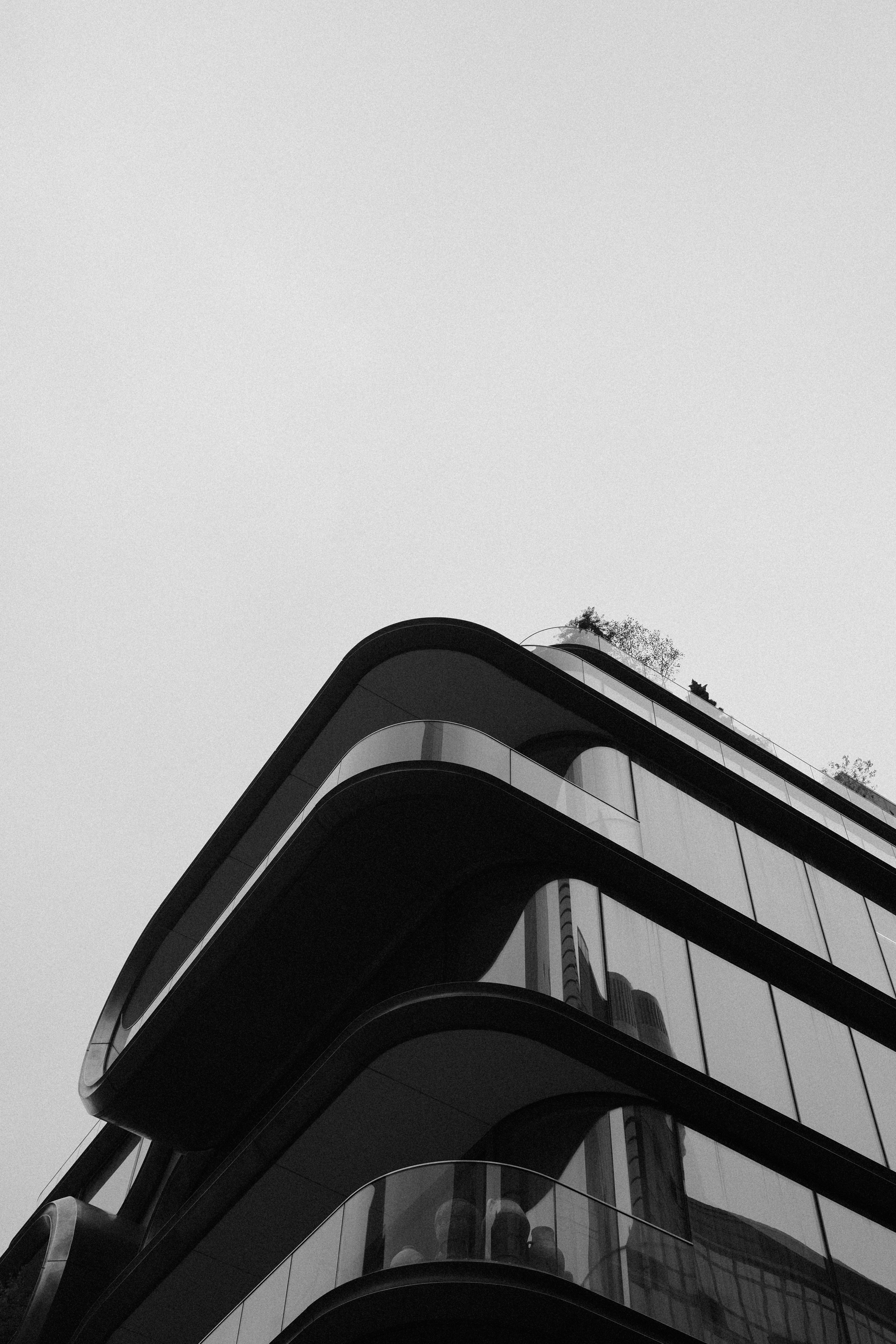 Curved Glass and Concrete: A Monochrome Facade in Motion