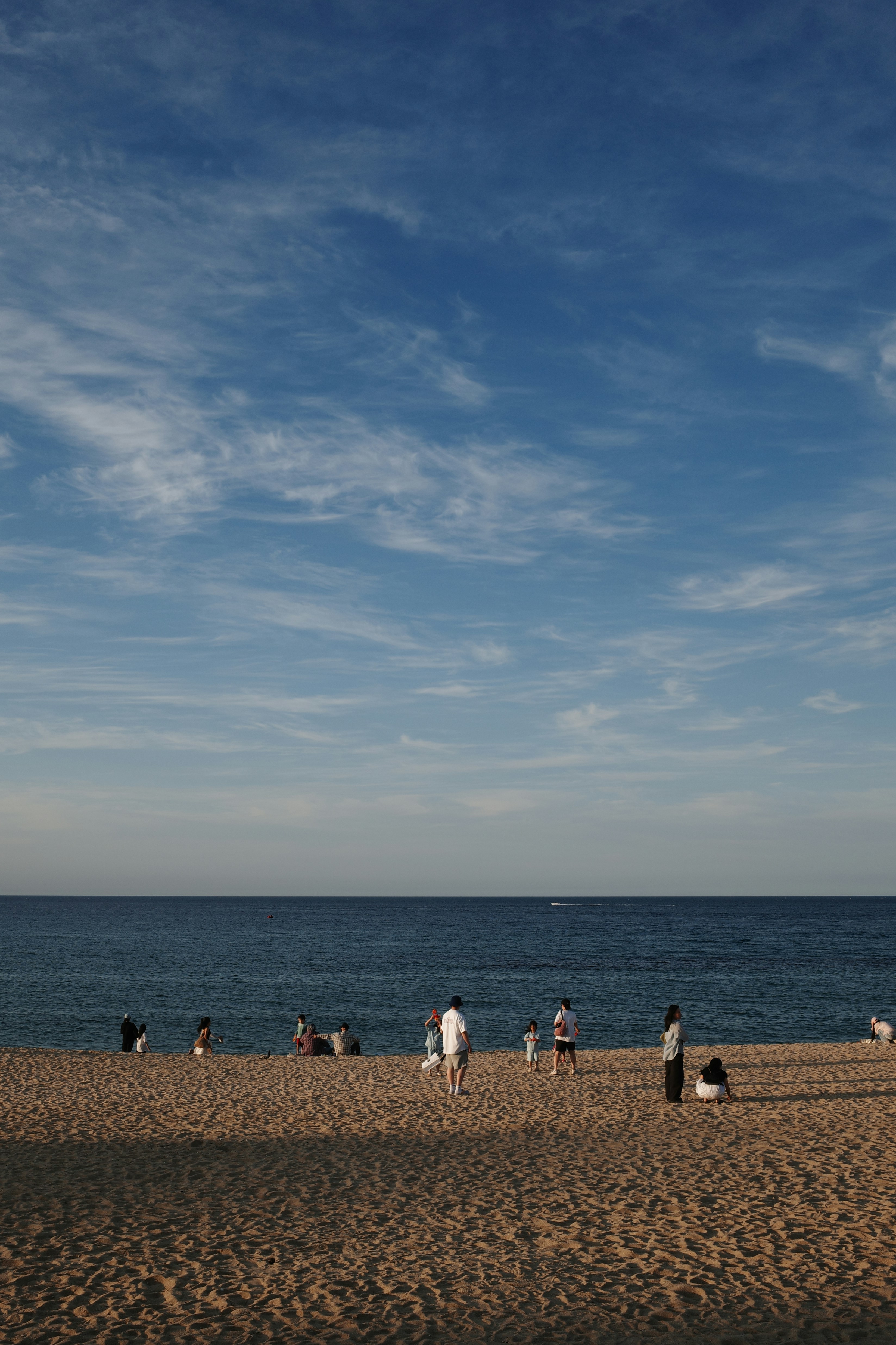 Coastal Scene: People on a Calm Beach Under Wide Sky