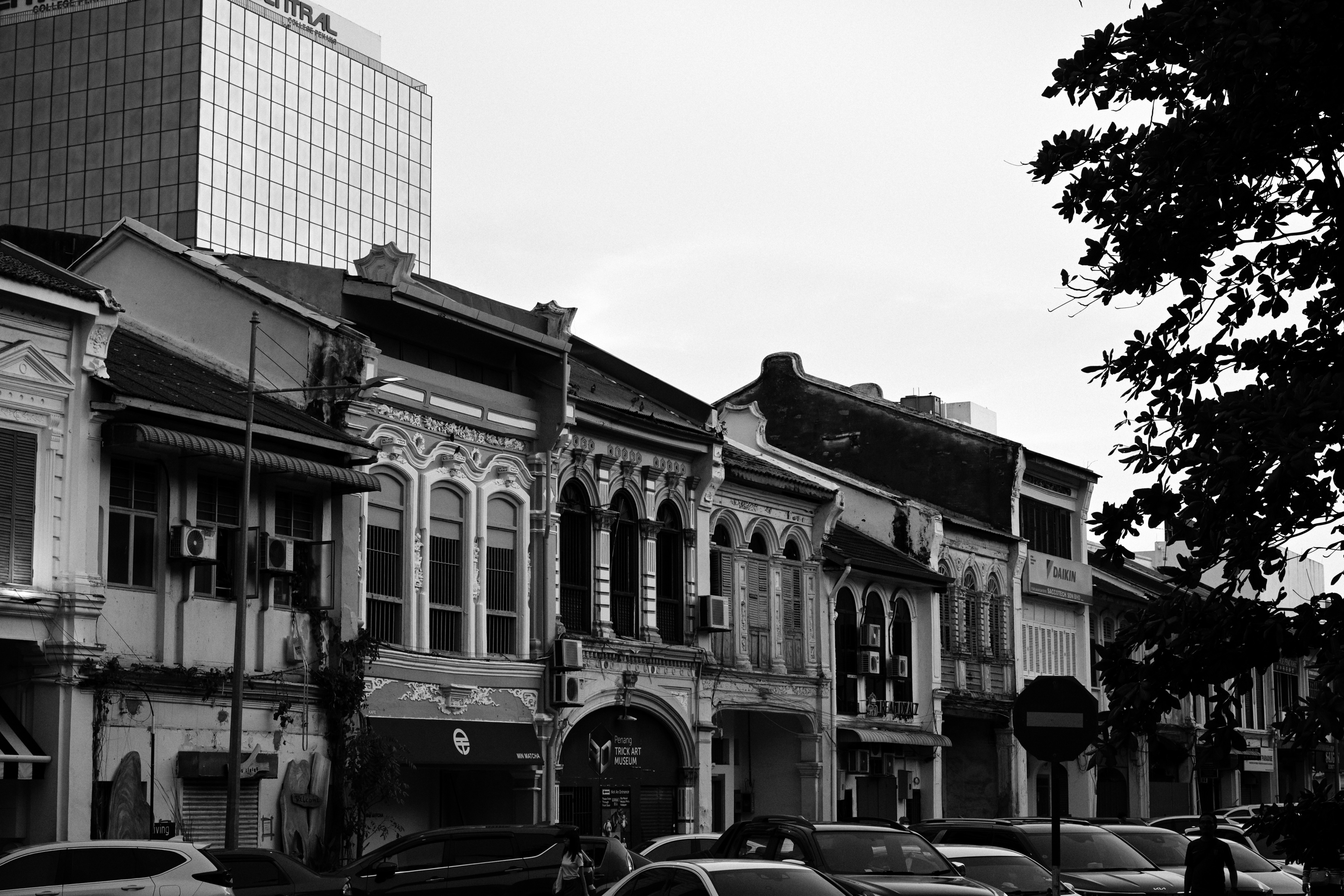 Row of Heritage Faces: A Black-and-White Street of Timeworn Shophouses