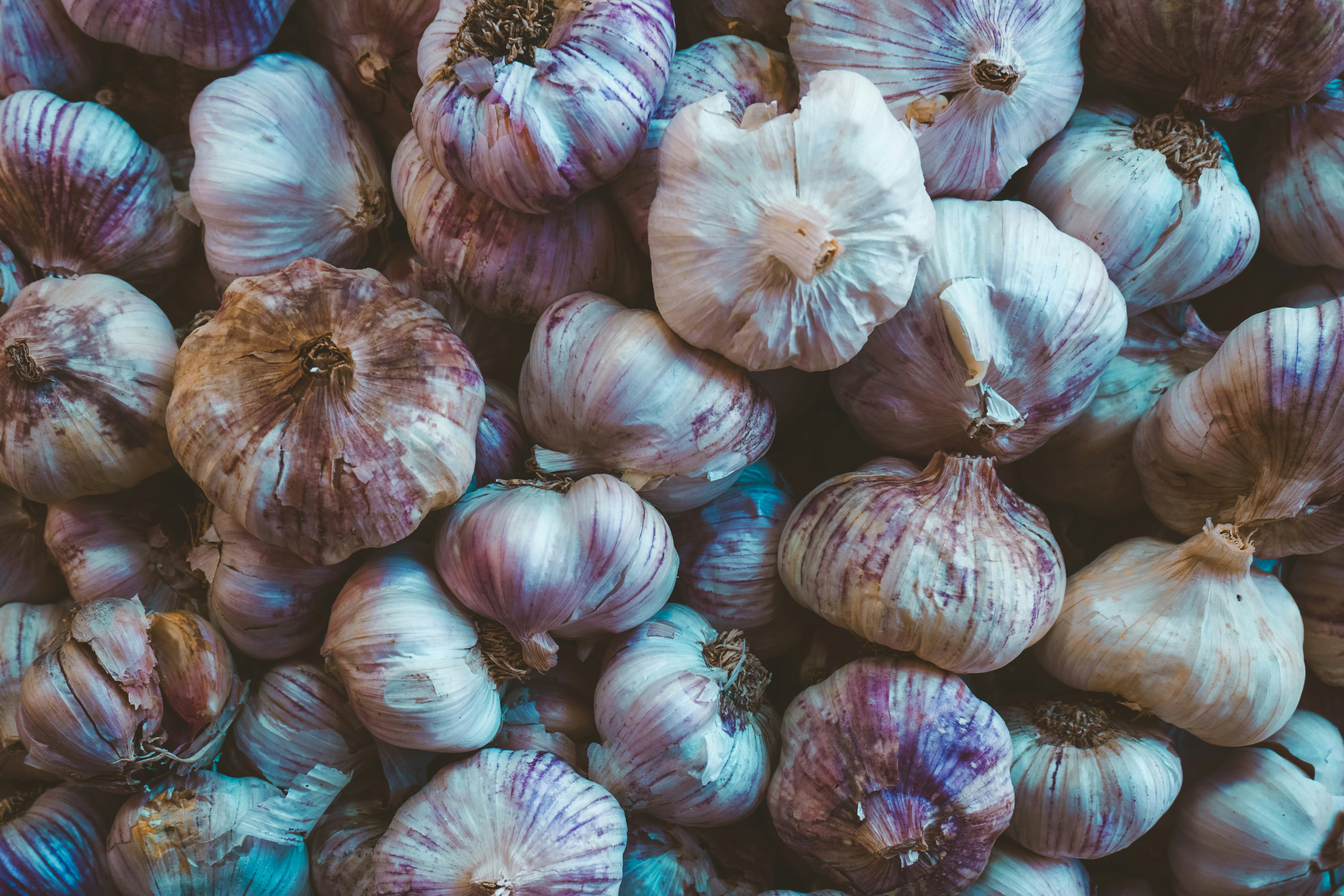 Violet-tinged garlic bulbs piled high in a rustic market stall
