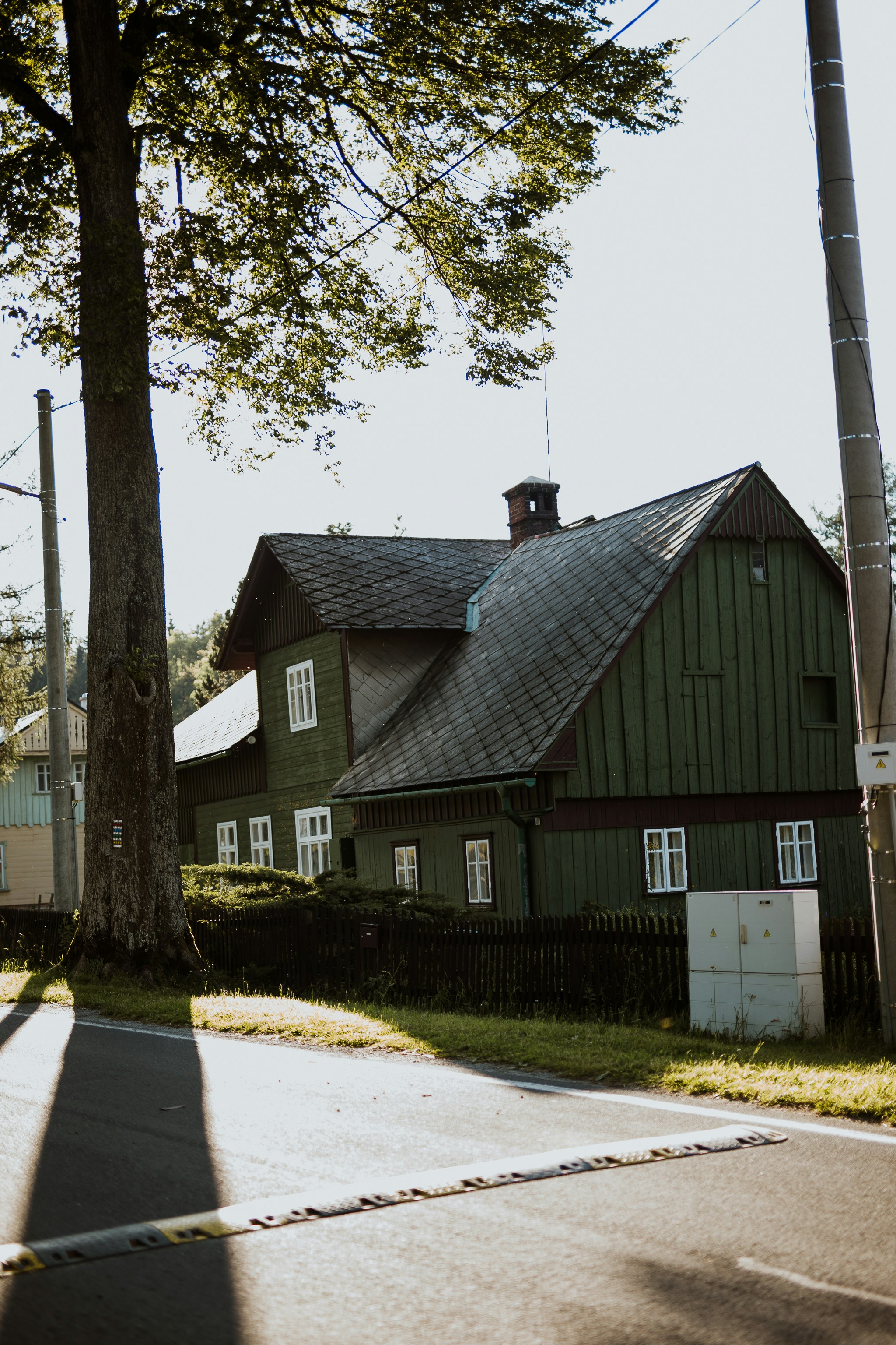 Green House on a Quiet Sunlit Street