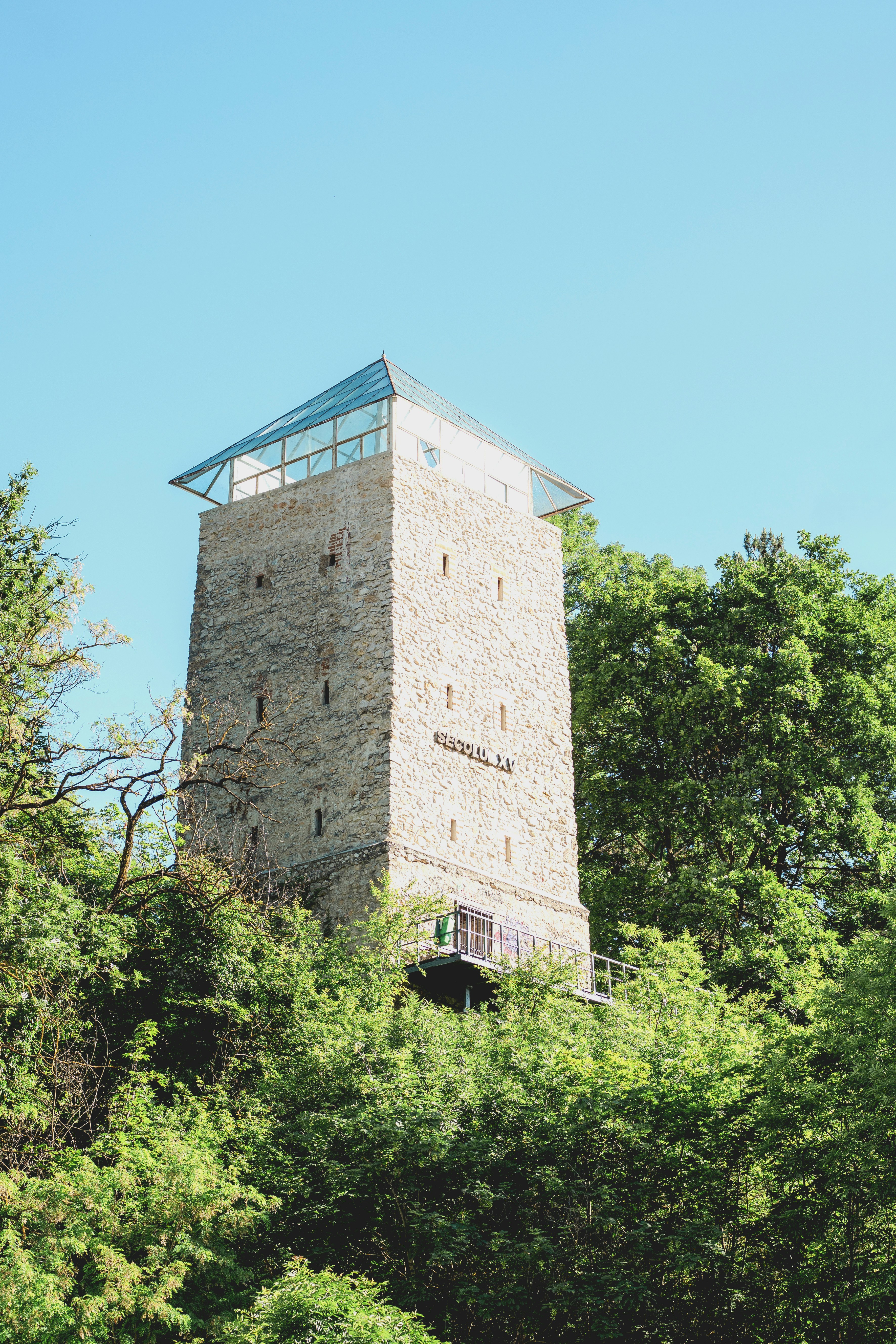 Stone Watchtower Rising Above Greenery Against a Clear Blue Sky