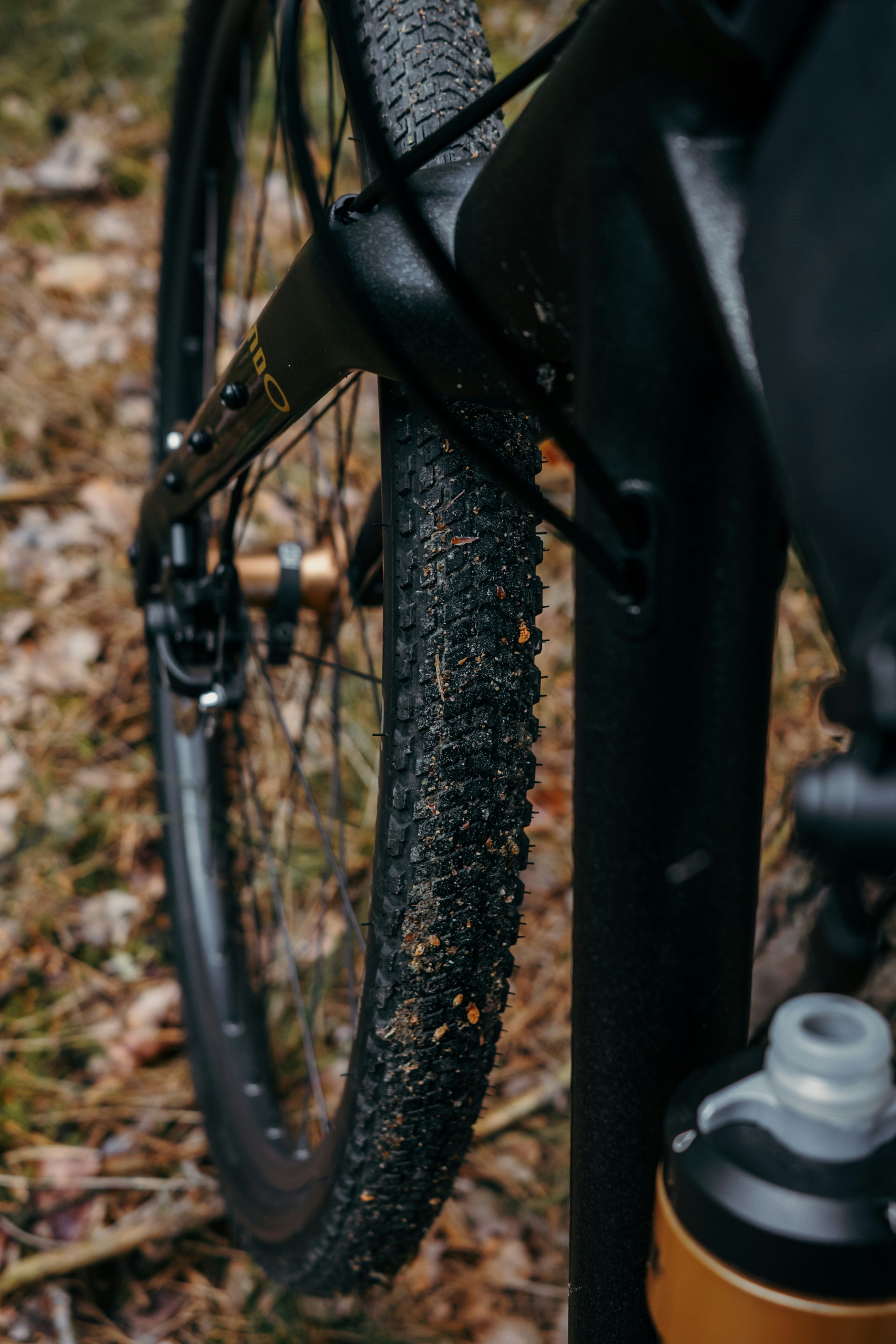 Mud-Splashed Mountain Bike Tire Anchored by Frame and Bottle Cage