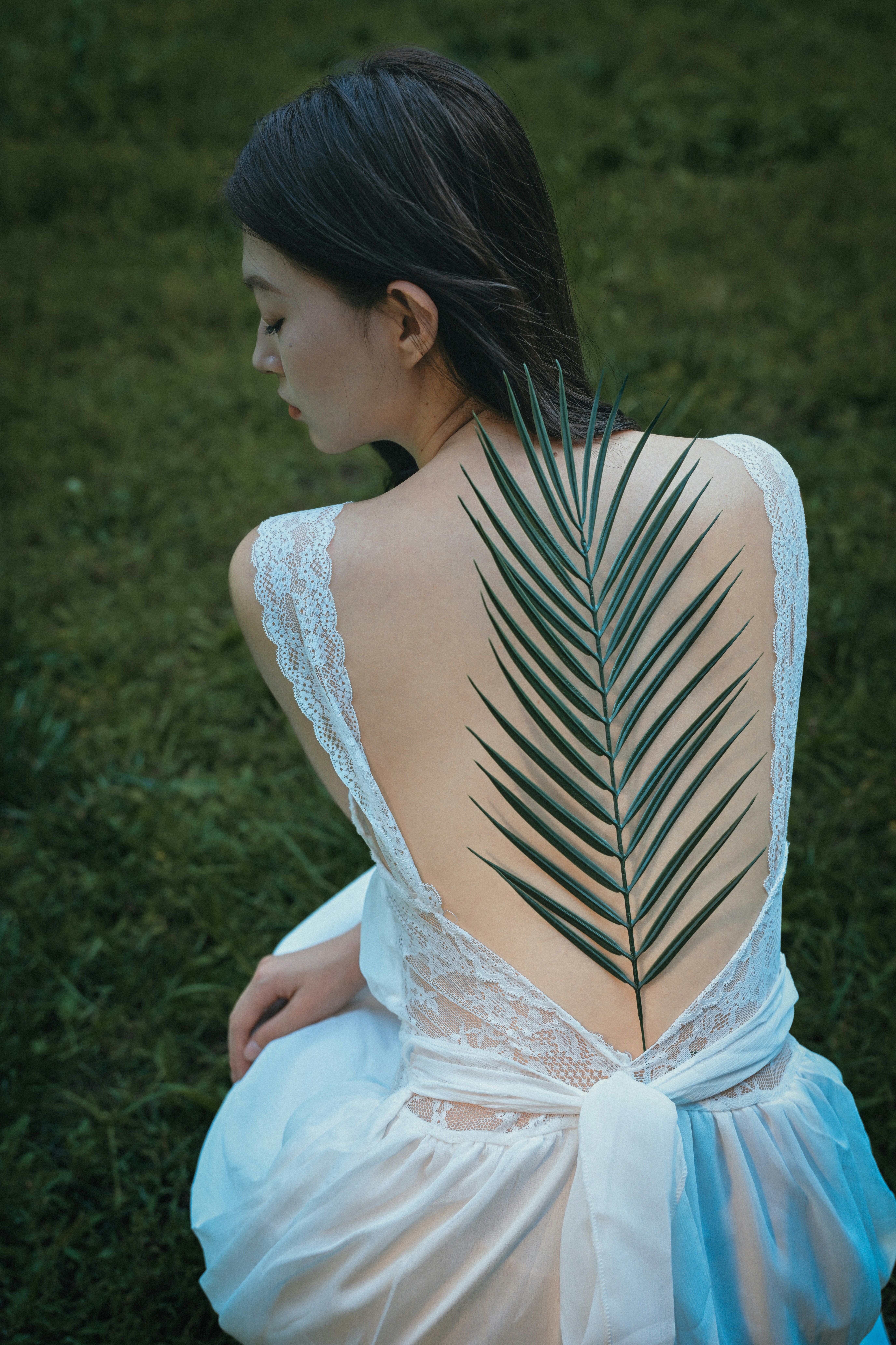 Veil of Green: A Back Portrait with a Fern Heron Across the Back