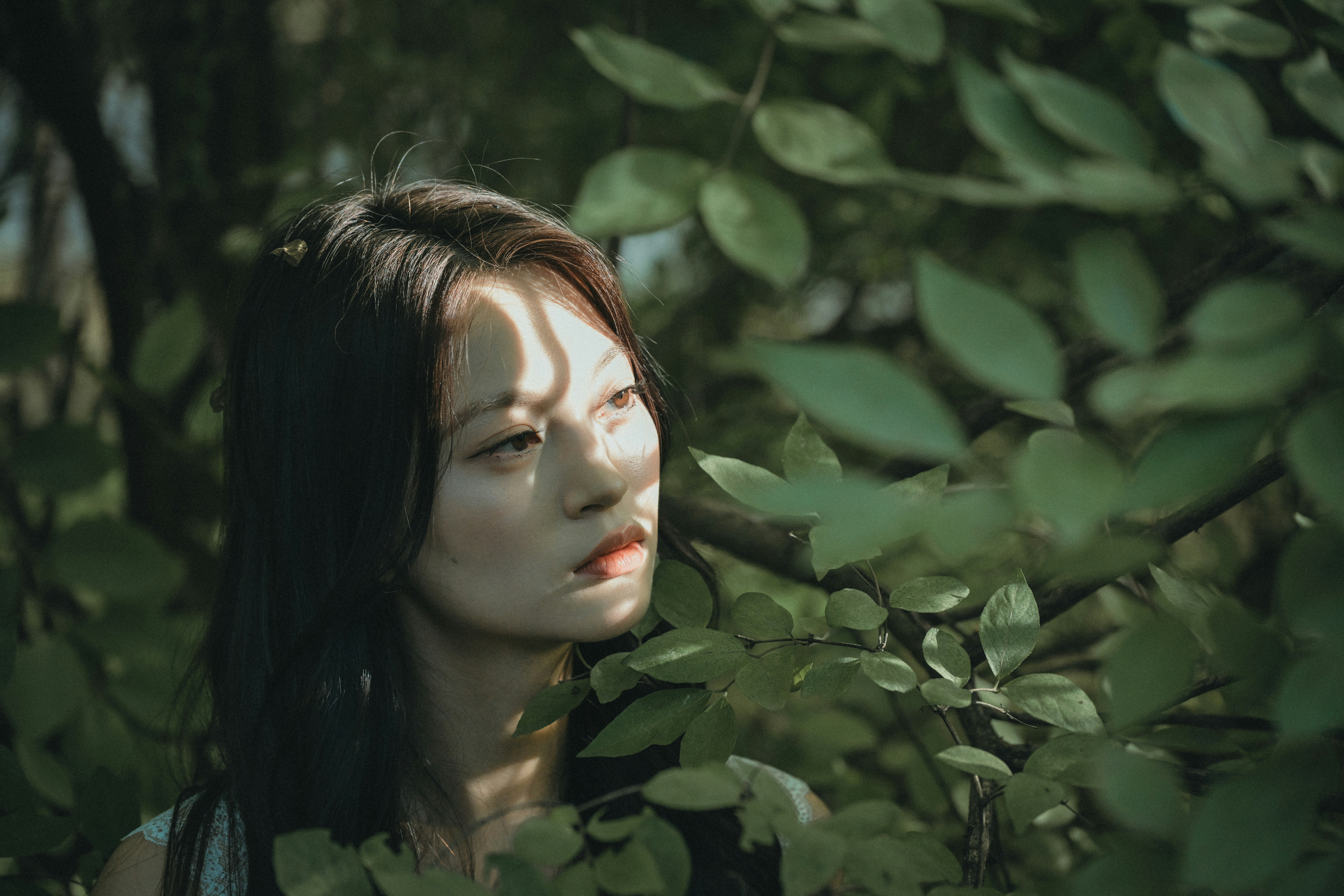 Sunlit Shadow: Portrait of Quiet Resolve in a Verdant Frame