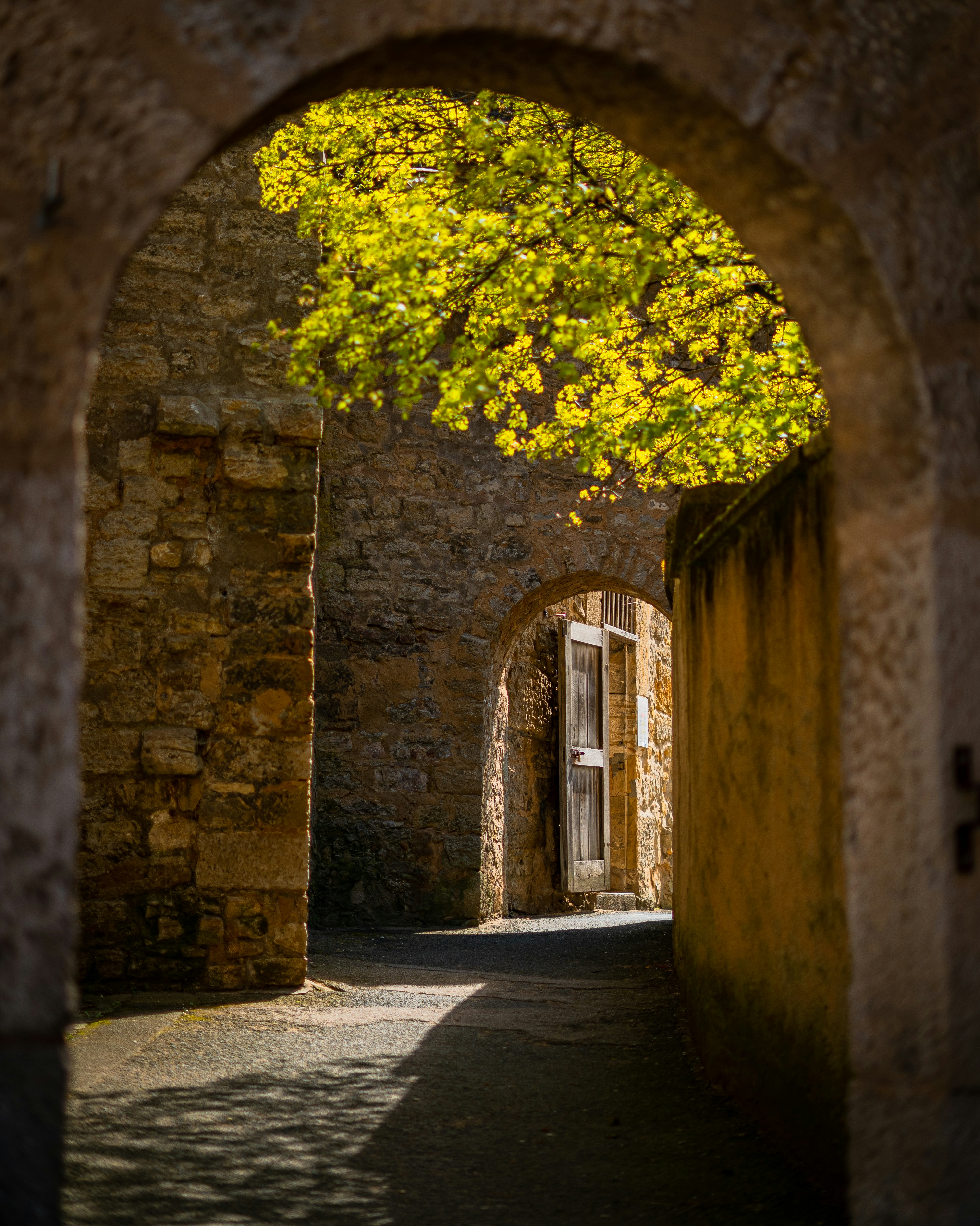 Through the Stone Arch: Sunlit Passage to a Hidden Door