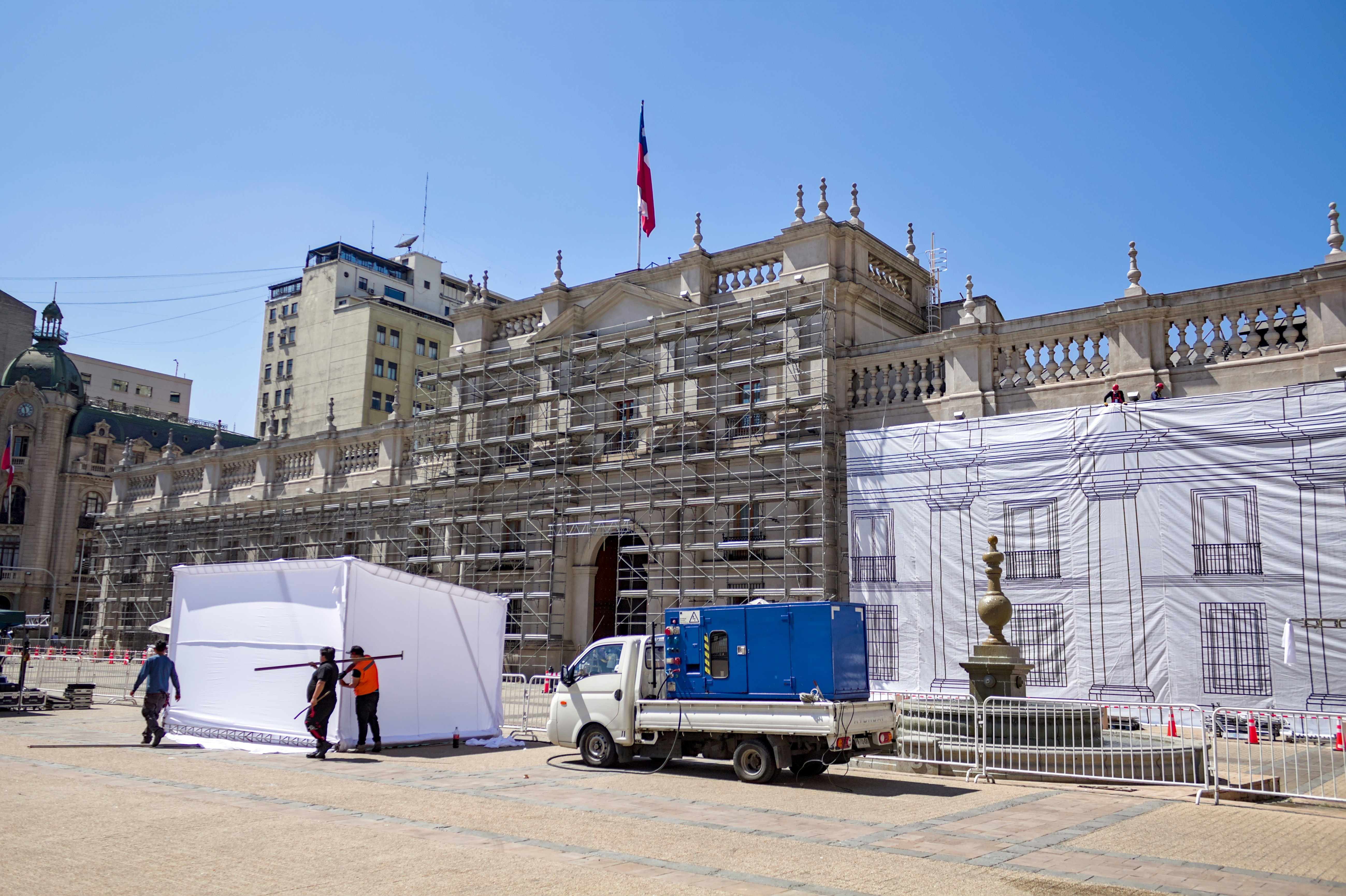 Construction in a Historic Plaza: Scaffolds and Sunlit Facade