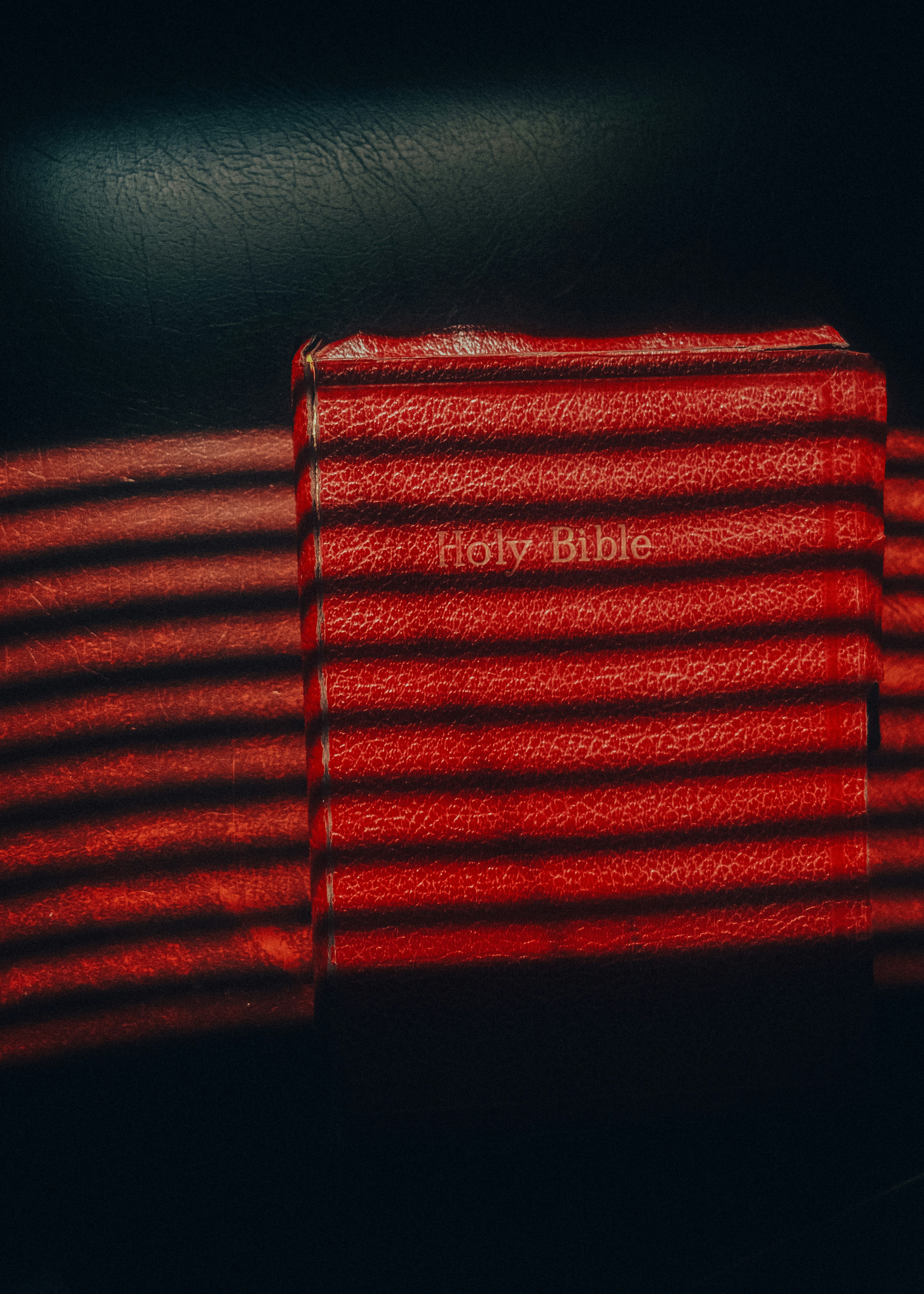 Crimson Covenant: A Close-Up of a Red Holy Bible in Shadows
