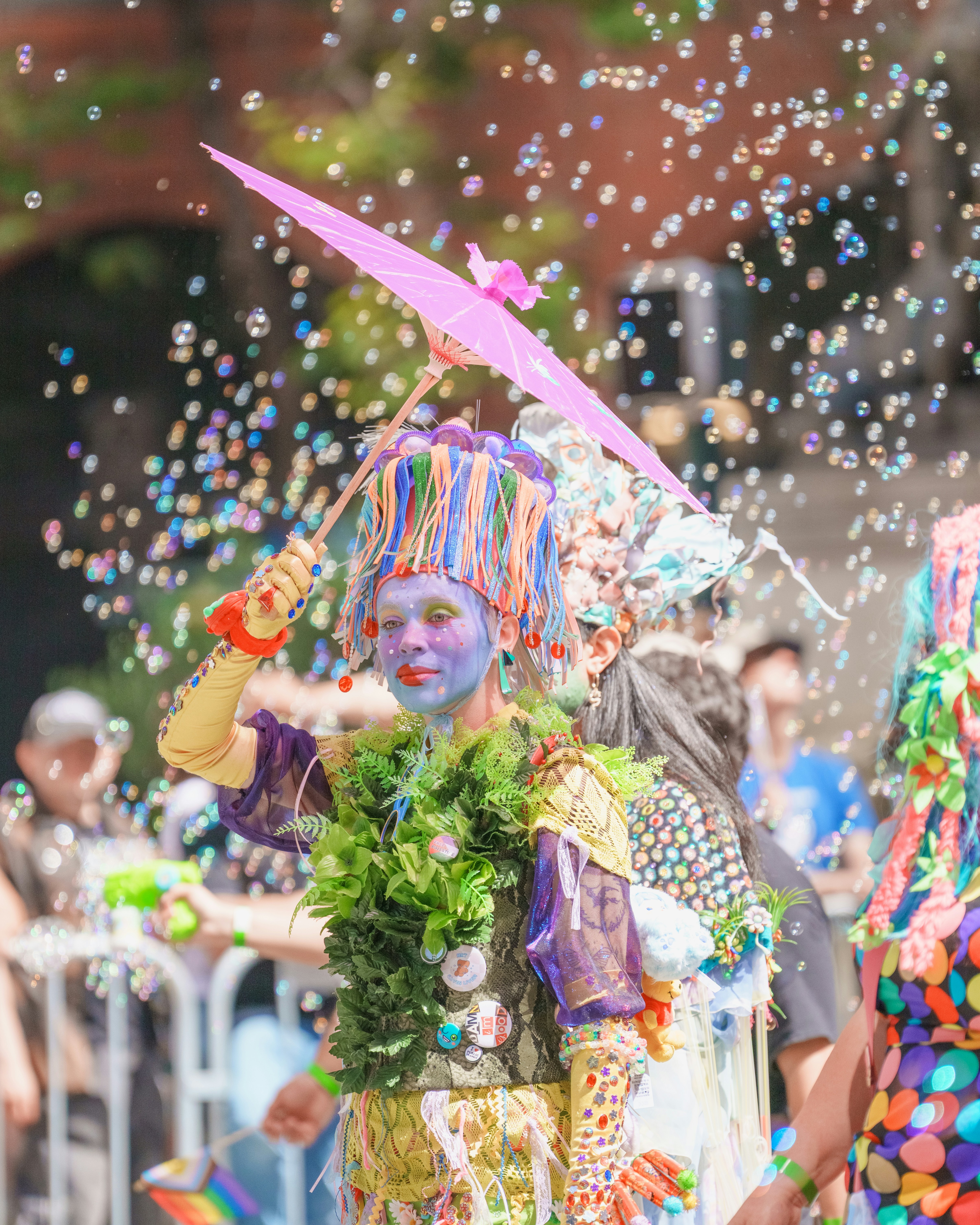 Vivid carnival avatar under a shower of bubbles