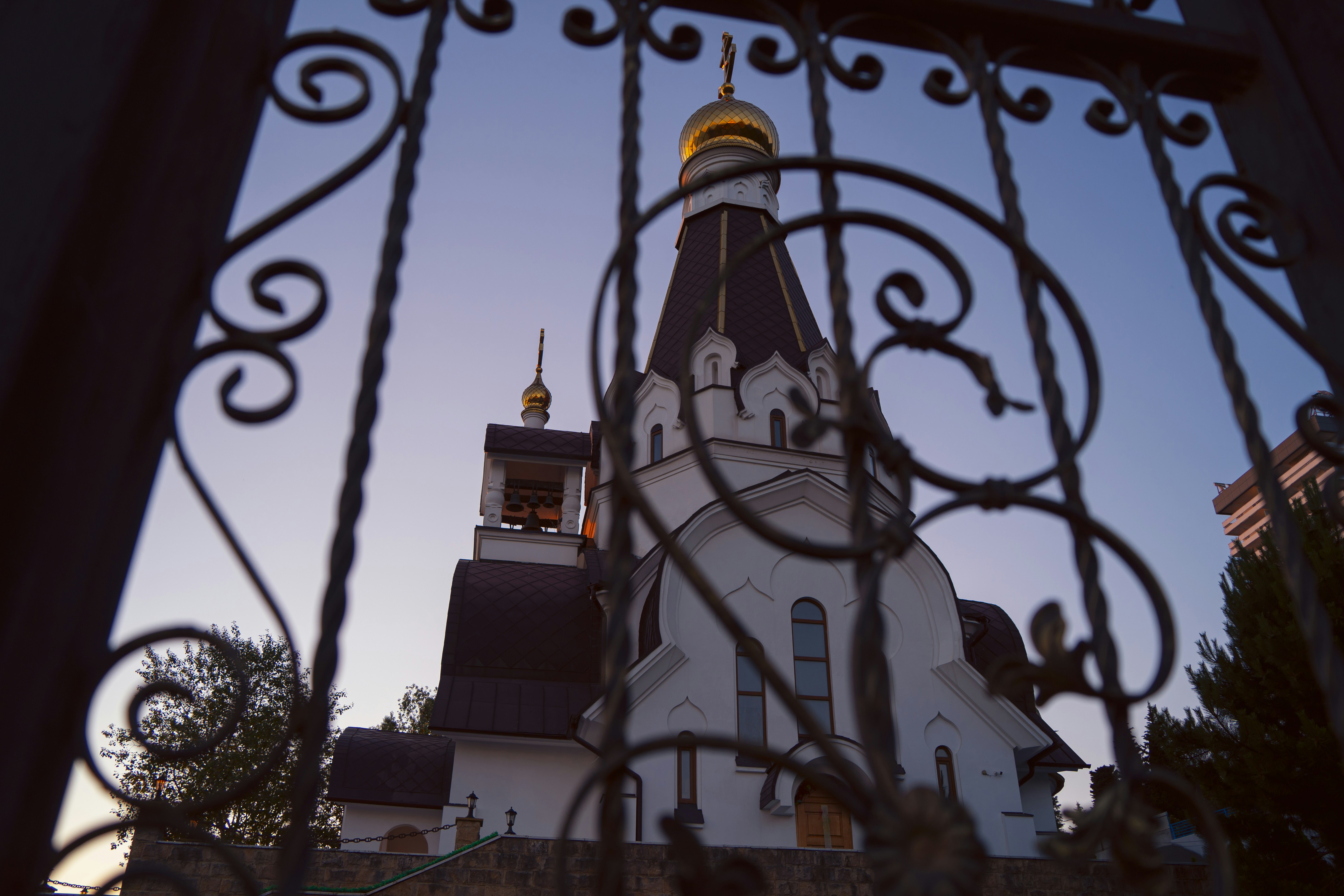 Cathedral Silhouette Through Wrought Iron Veil