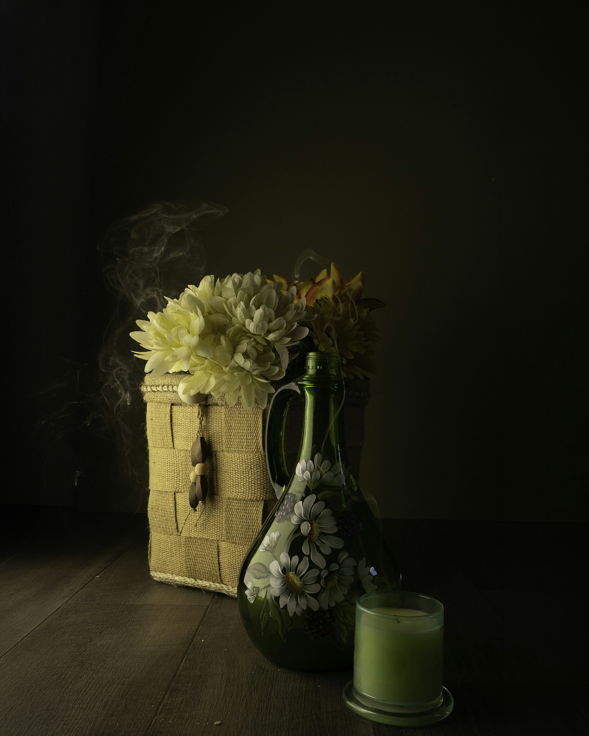 Green Vase of Daisies by Candlelight