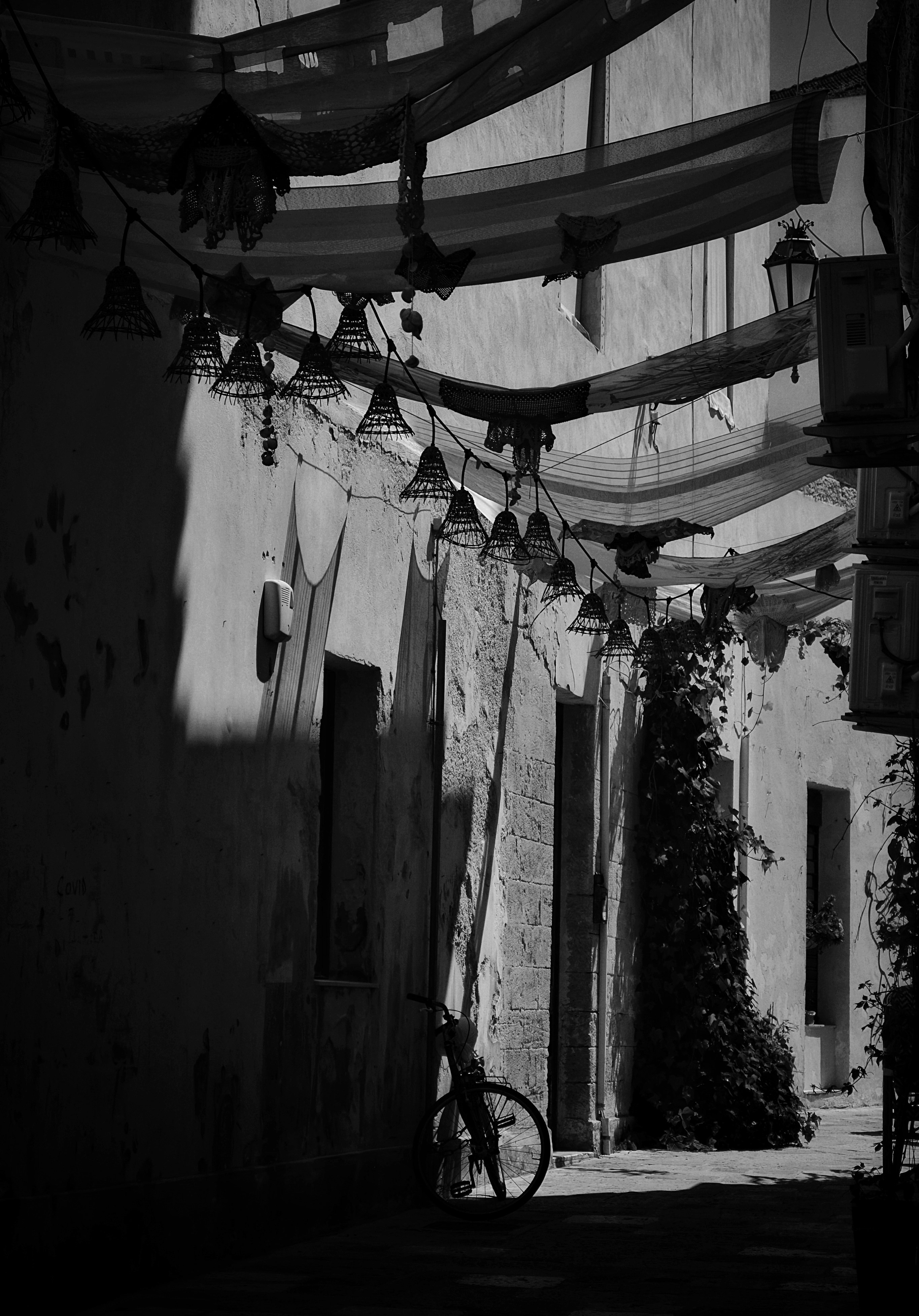 Sunlit street narrows under draped canopies, bicycle resting near shadowed wall; a quiet, monochrome alley with texture-rich walls and creeping ivy.