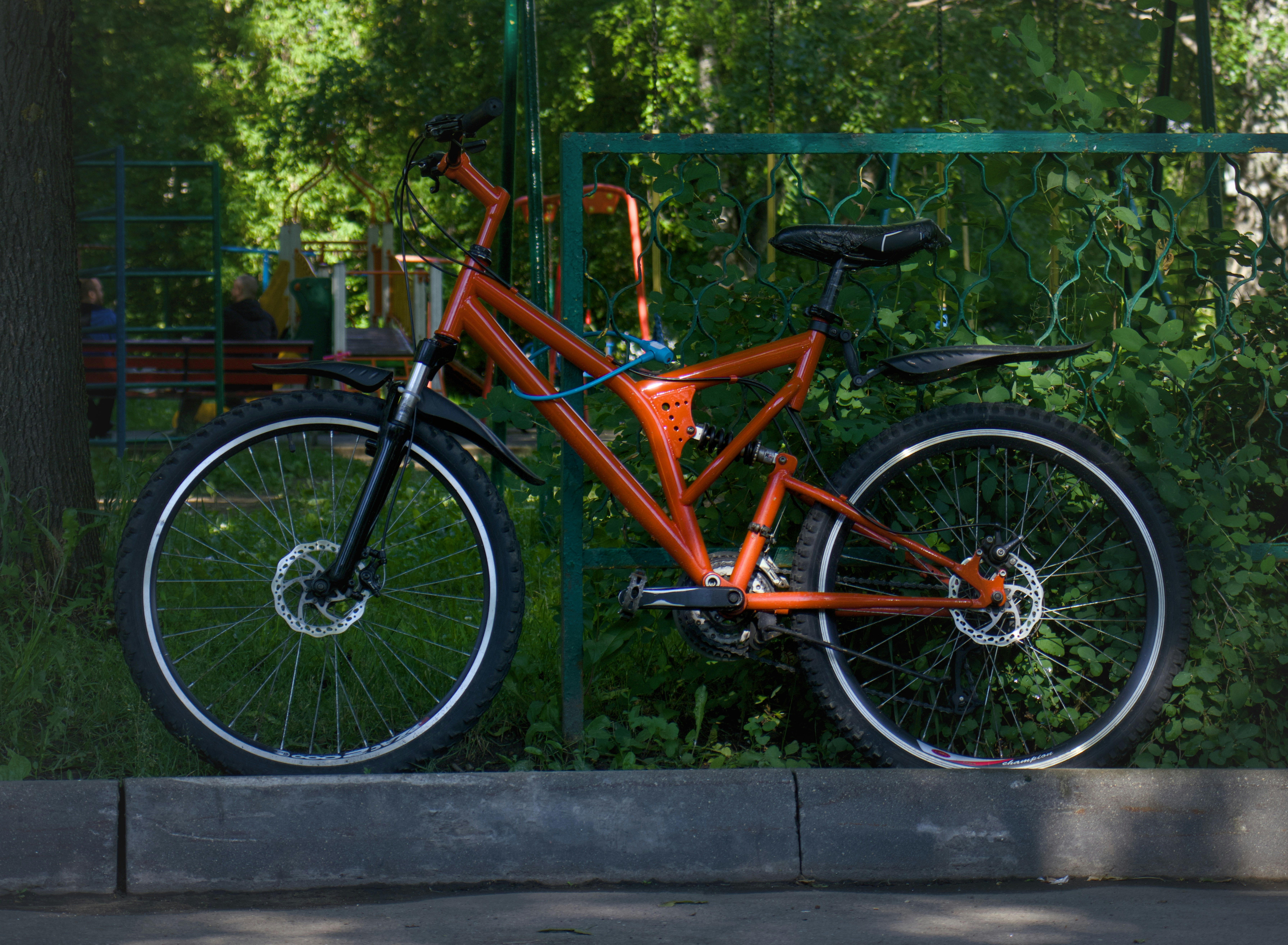 Red Urban Steed: A Bike in Quiet Green Enclosure