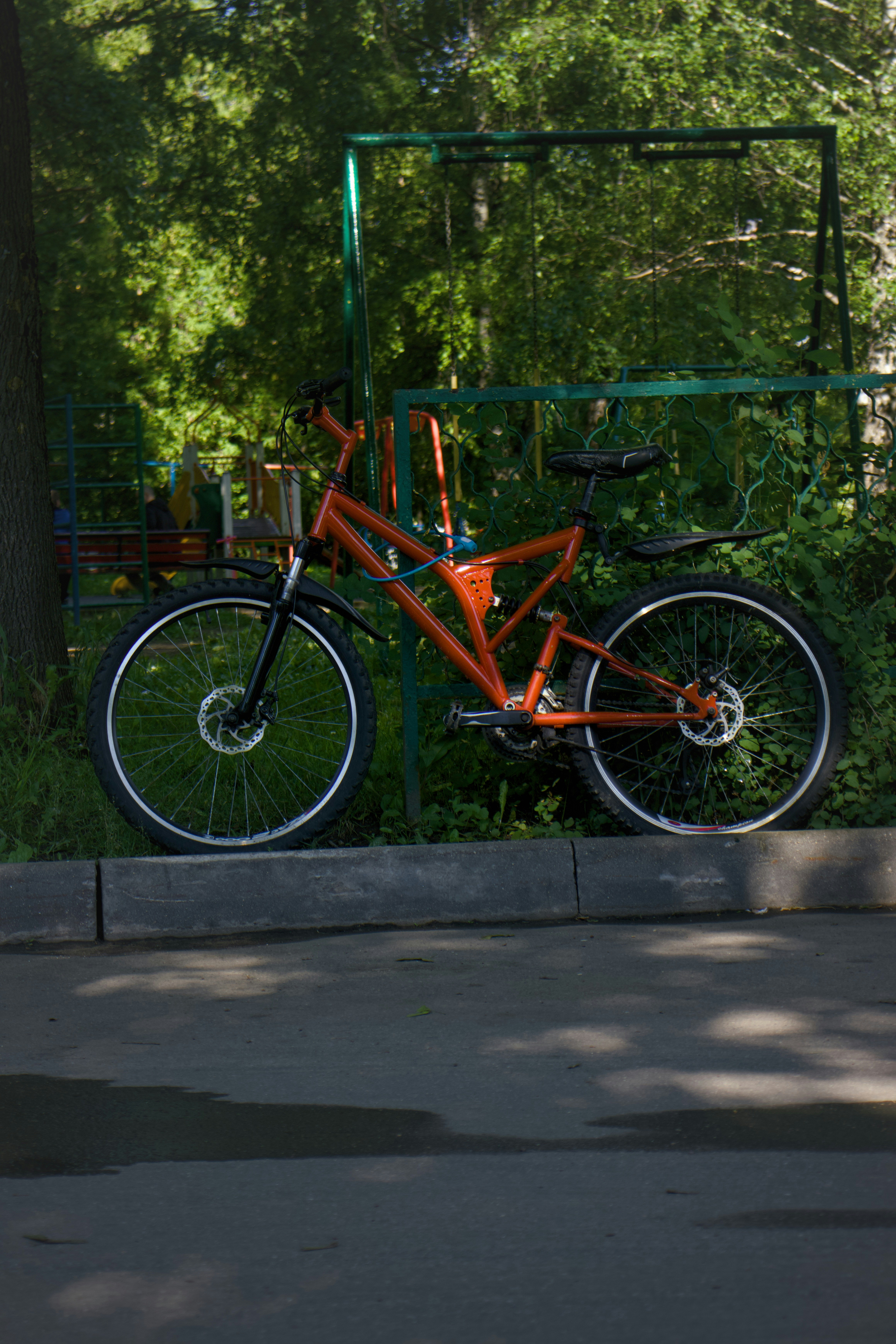 Crimson Rider Resting Against Green Rails