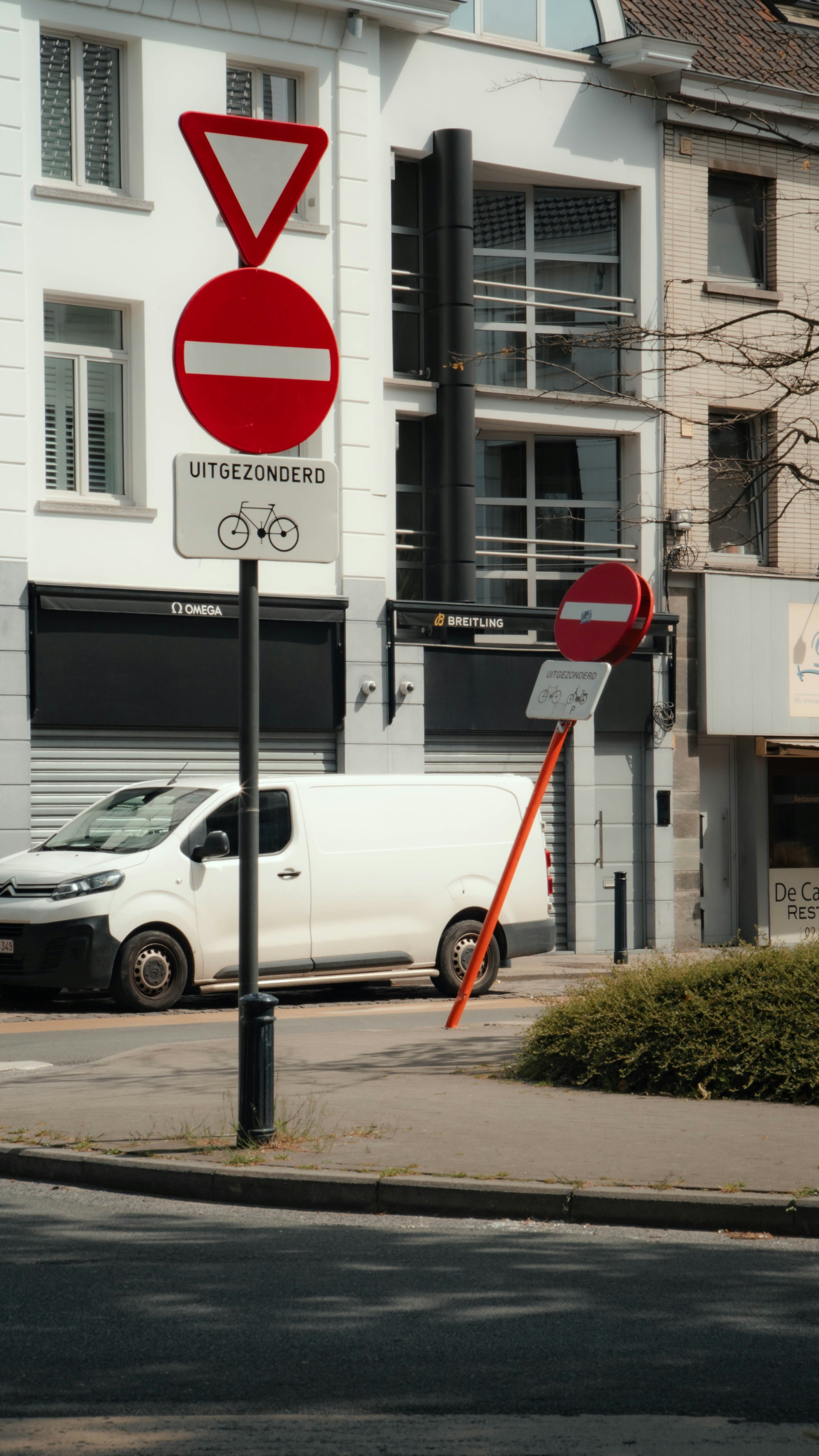 Urban Street Vigil: A No-Entry Sign Quietly Dominates a Shaded Corner