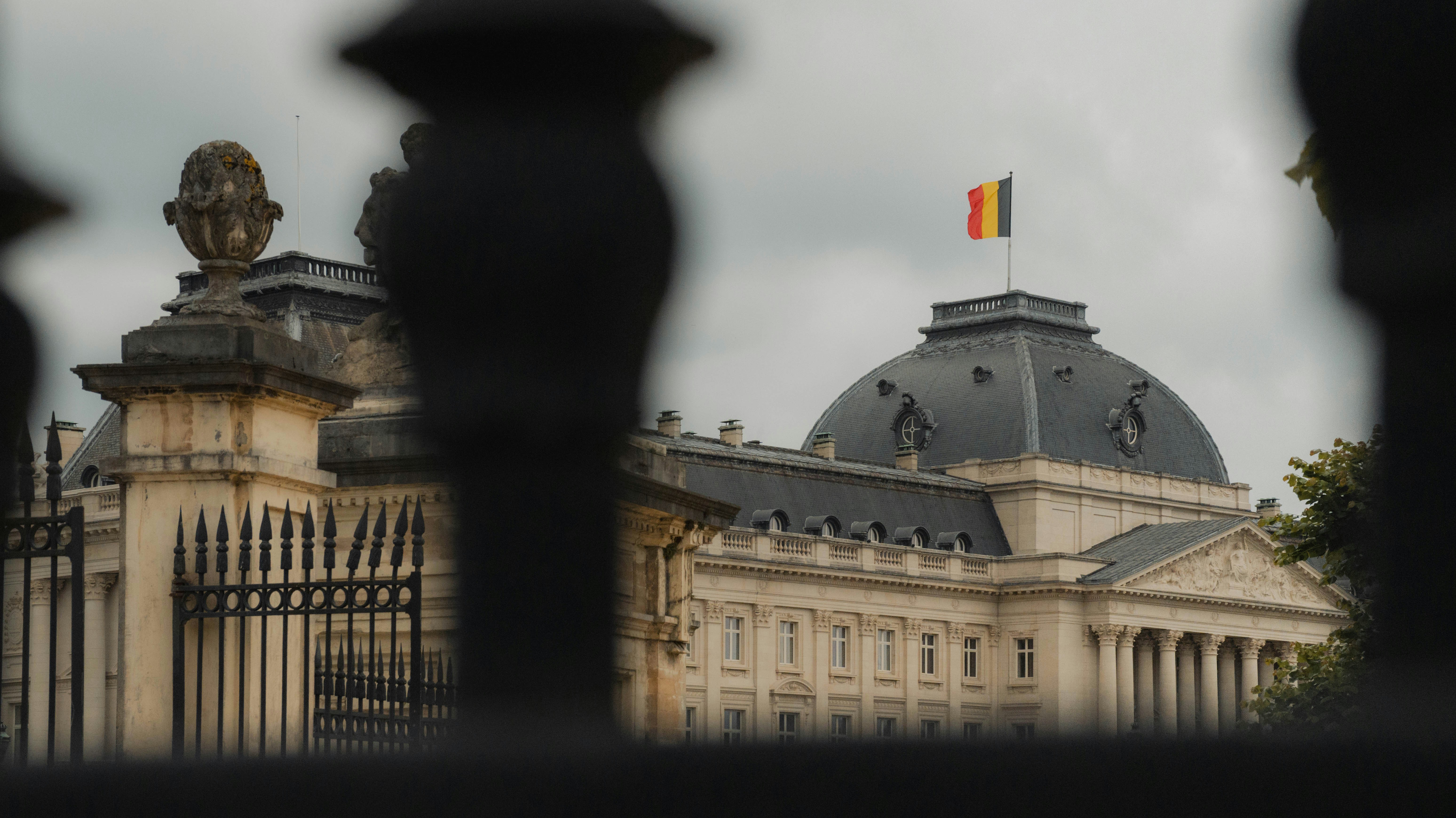 Flag atop a classical facade glimpsed through ironwork