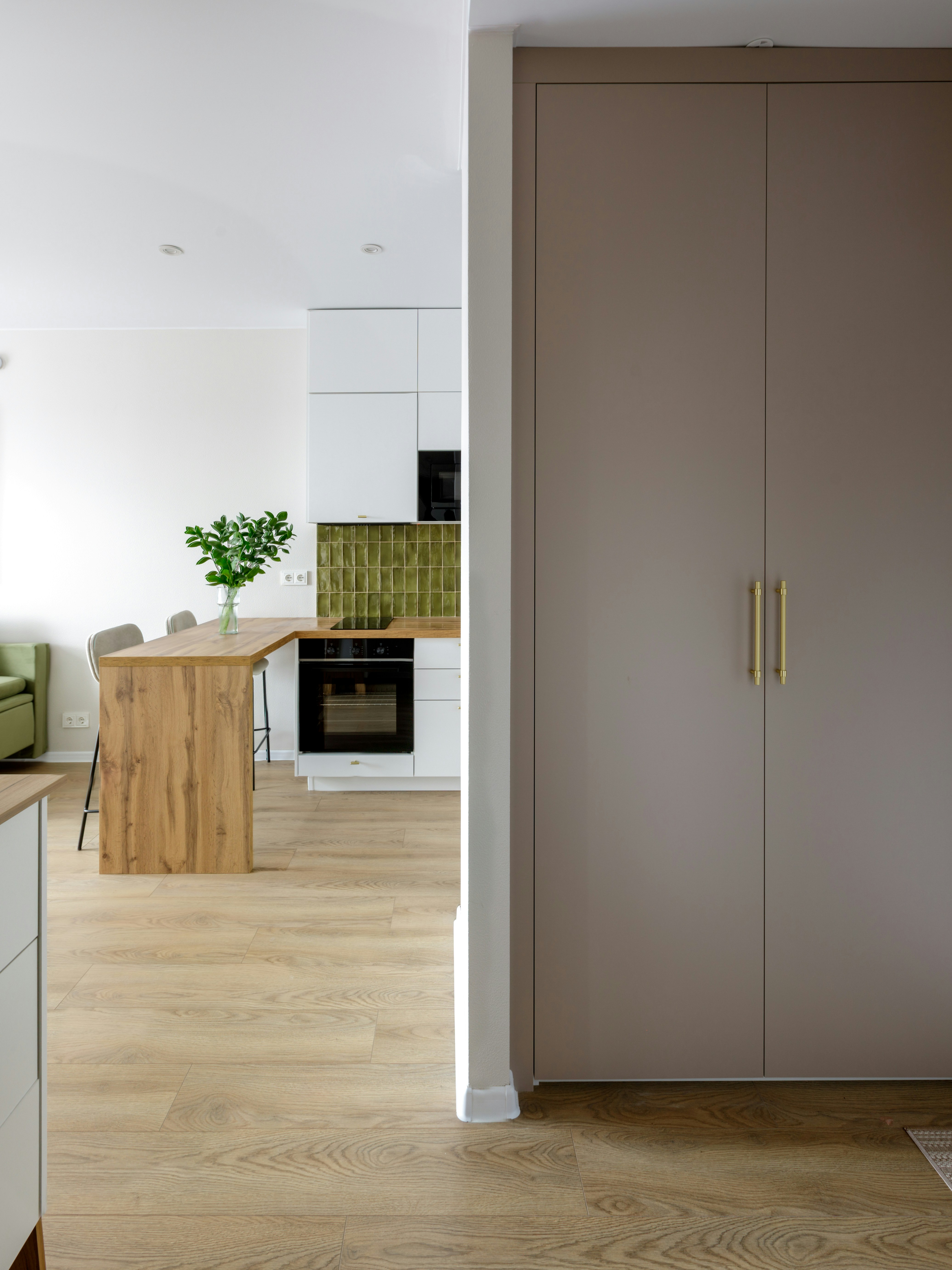 Hidden Kitchen Threshold: A Quiet Hallway Opens to a Modern Kitchen